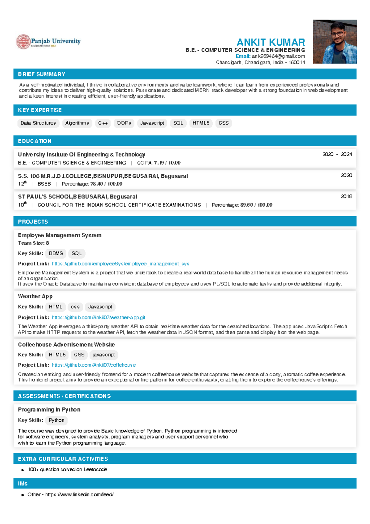 Ankit Kumar resume - ANKIT KUMAR B. - COMPUTER SCIENCE & ENGINEERING Email: ank959464@gmail ...
