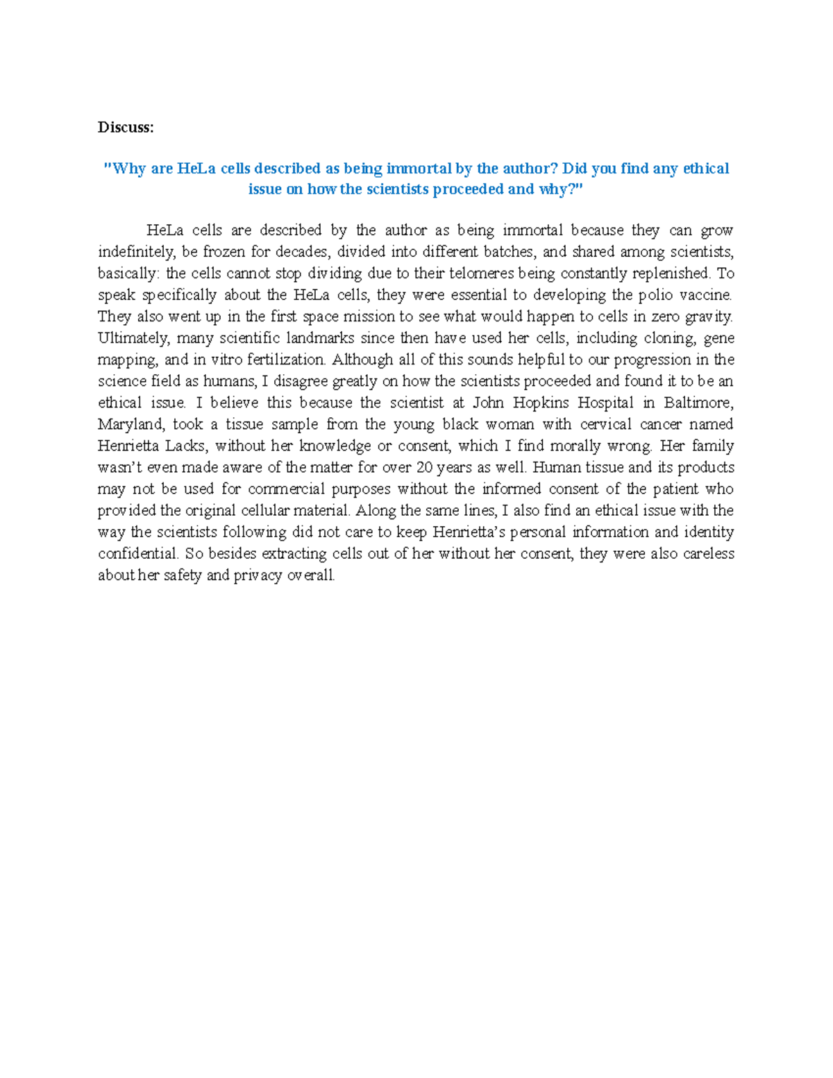 Henrietta Lacks' "Immortall" Cells Forum #2 - Discuss: "Why are HeLa ...