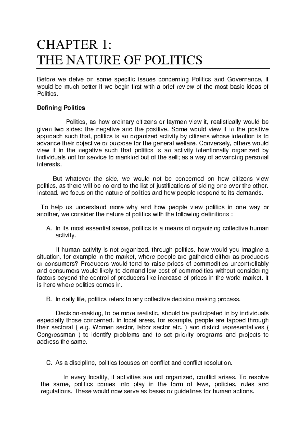 Chapter 1 2 Pol Gov - Summary of pol gov - CHAPTER 1: THE NATURE OF ...