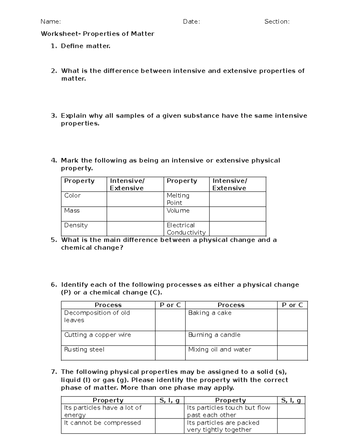 WS-1 Properties of Matter - Name: Date: Section: Worksheet- Properties ...