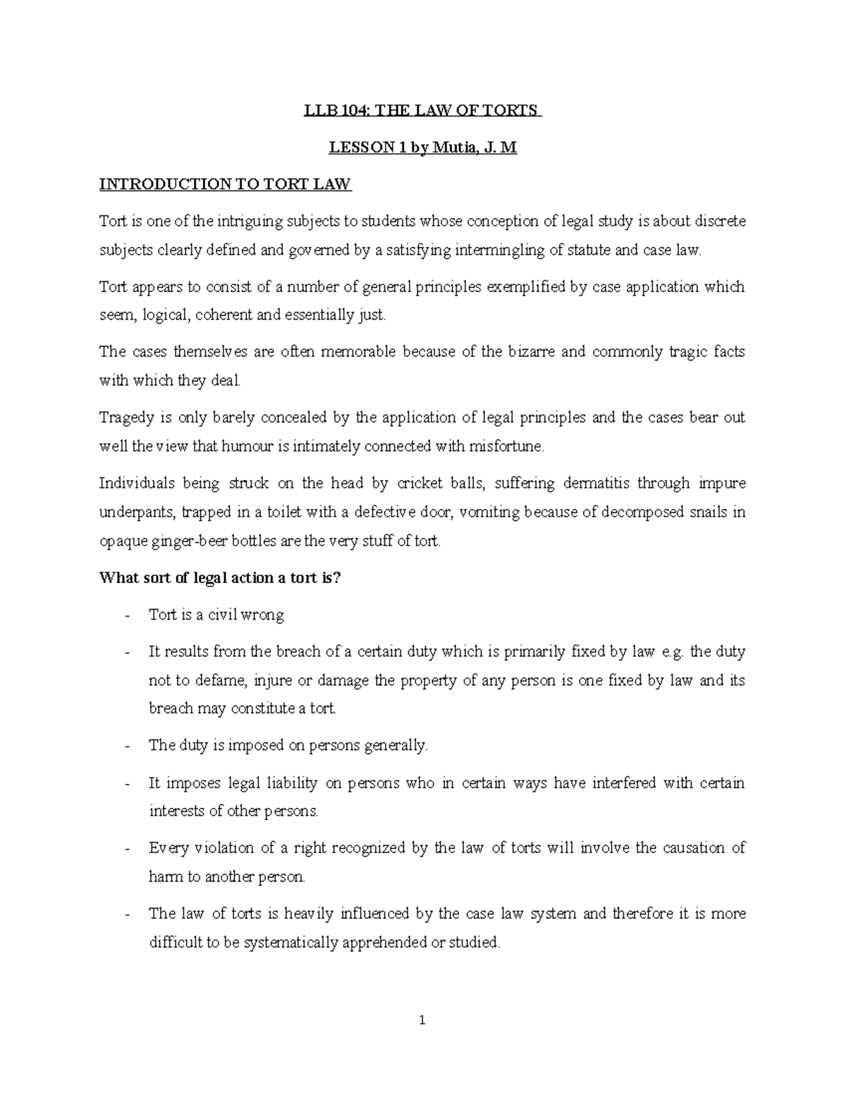LLB 104- Notes for Lesson 1,INTRODUCTION TO TORT LAW - LLB 104: THE LAW ...