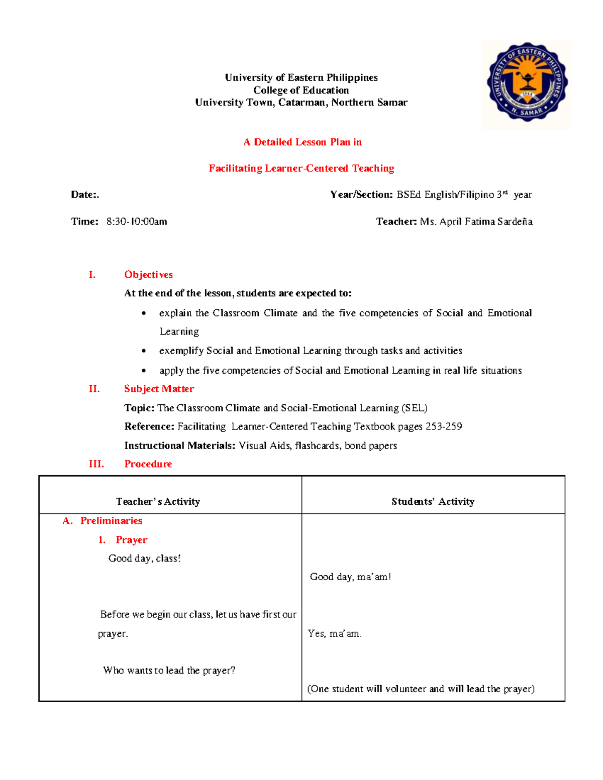Detailed lesson plan - University of Eastern Philippines College of ...