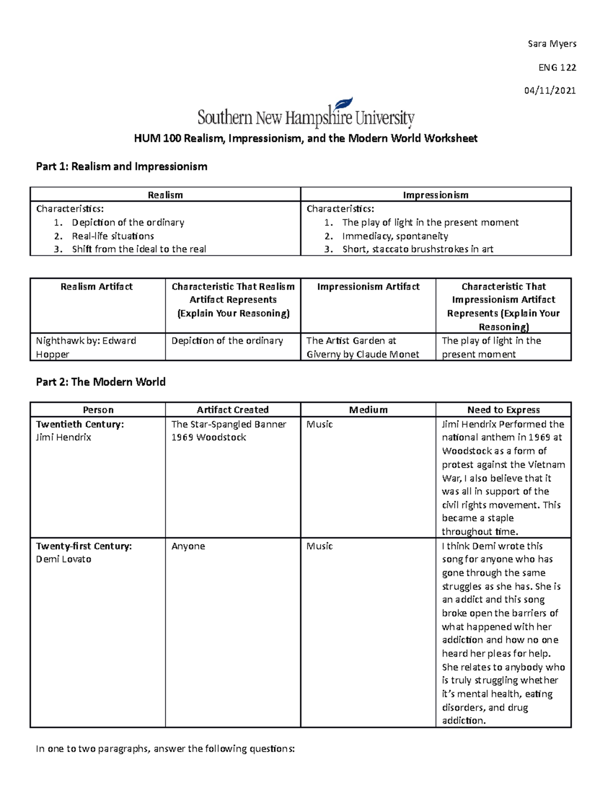 HUM 100 Realism Impressionism and the Modern World Worksheet - The play ...