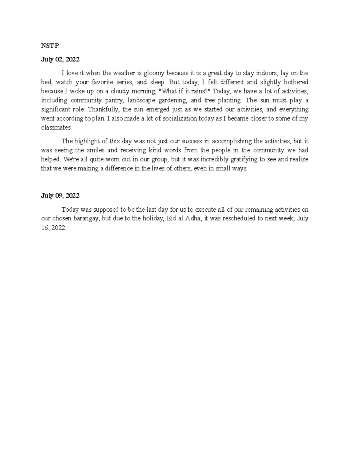 NSTP1 - Essay - NSTP July 02, 2022 I love it when the weather is gloomy ...