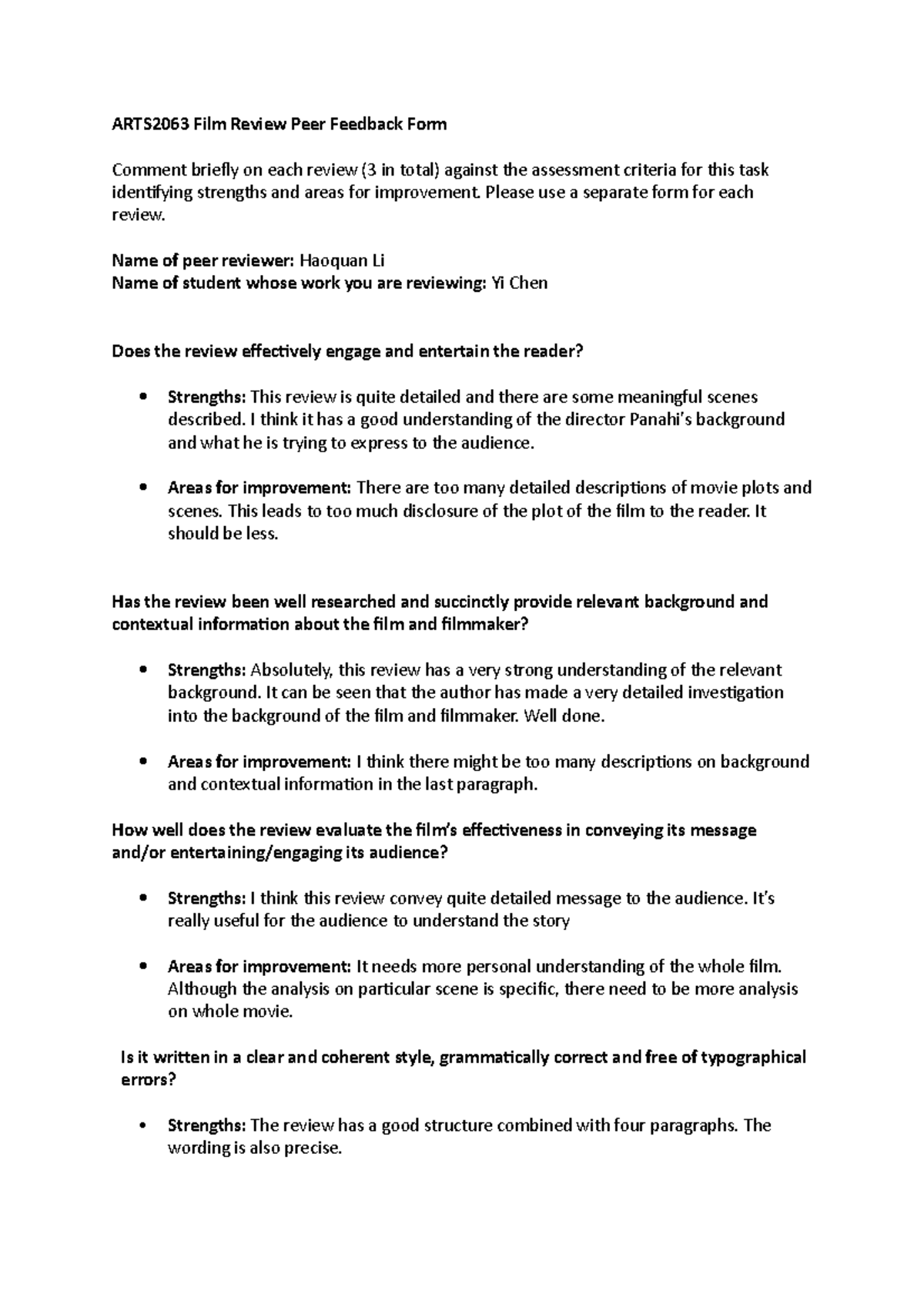 ARTS2063 Film Review Peer Feedback Form - Please use a separate form ...