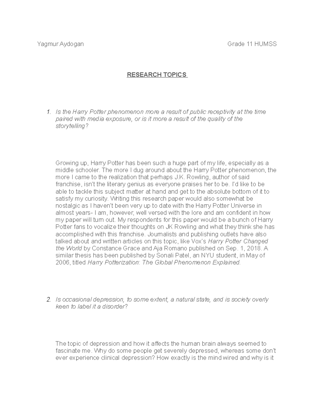 Reserach topics - other - Yagmur Aydogan Grade 11 HUMSS RESEARCH TOPICS ...