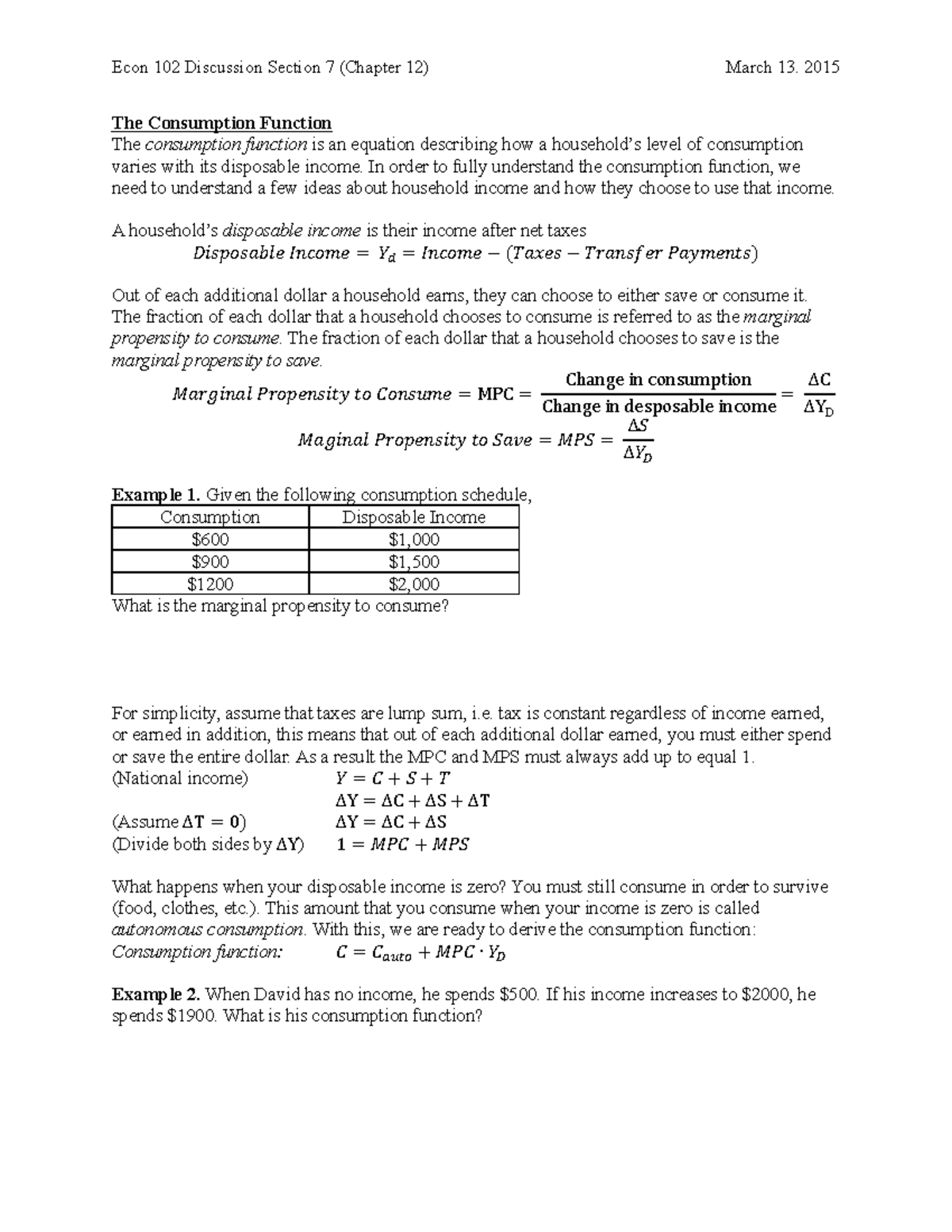 Handout 7 advanced mathematicals - The Consumption Function The ...