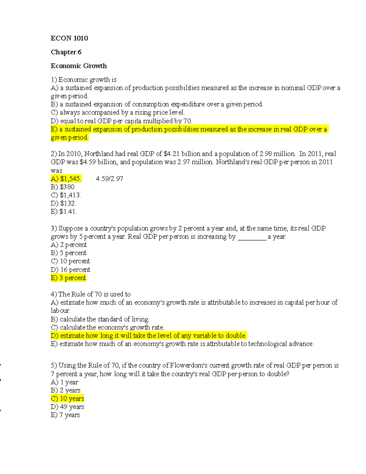 Chapter 6 worksheets - Excercise - ECON 1010 Chapter 6 Economic Growth ...