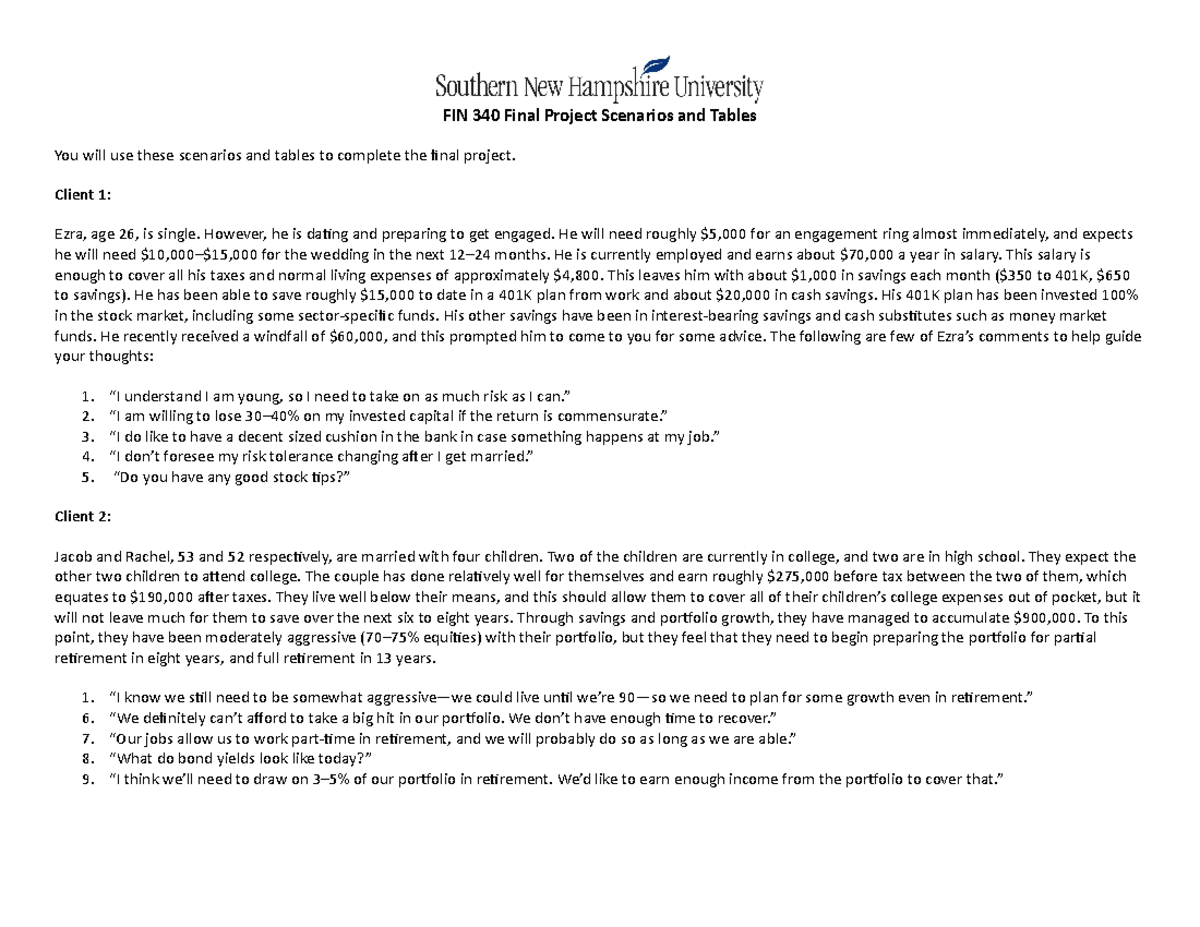 FIN 340 Final Project Scenarios - Client 1: Ezra, age 26, is single ...