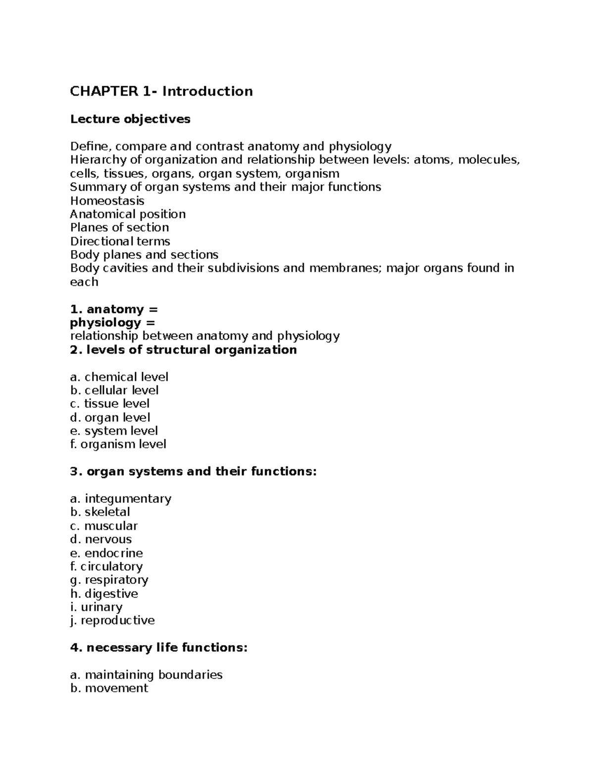 Chapter 1 Bio STudy guide - CHAPTER 1- Introduction Lecture objectives ...