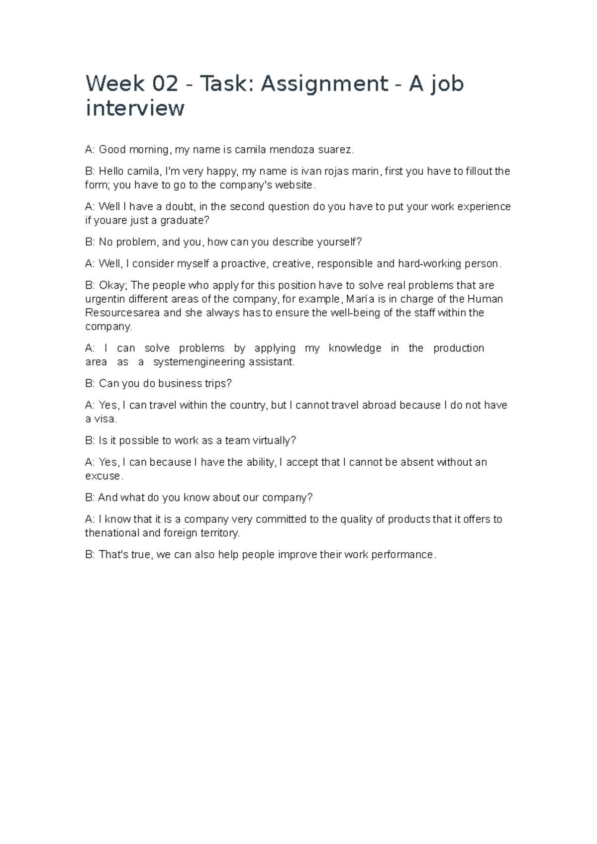 Week 02 - job interview - Week 02 - Task: Assignment - A job interview ...