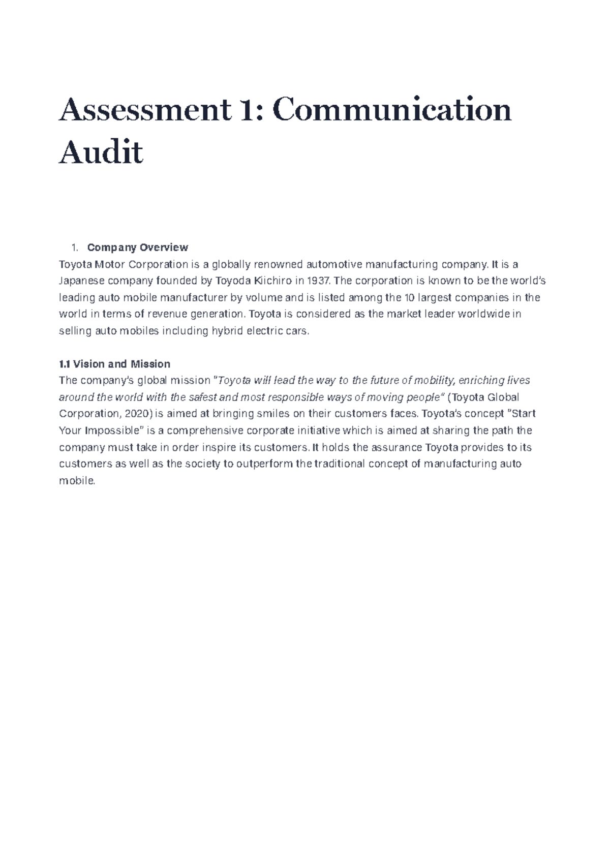 Ass 1 Toyota example - PR AUdit - Assessment 1: Communication Audit ...