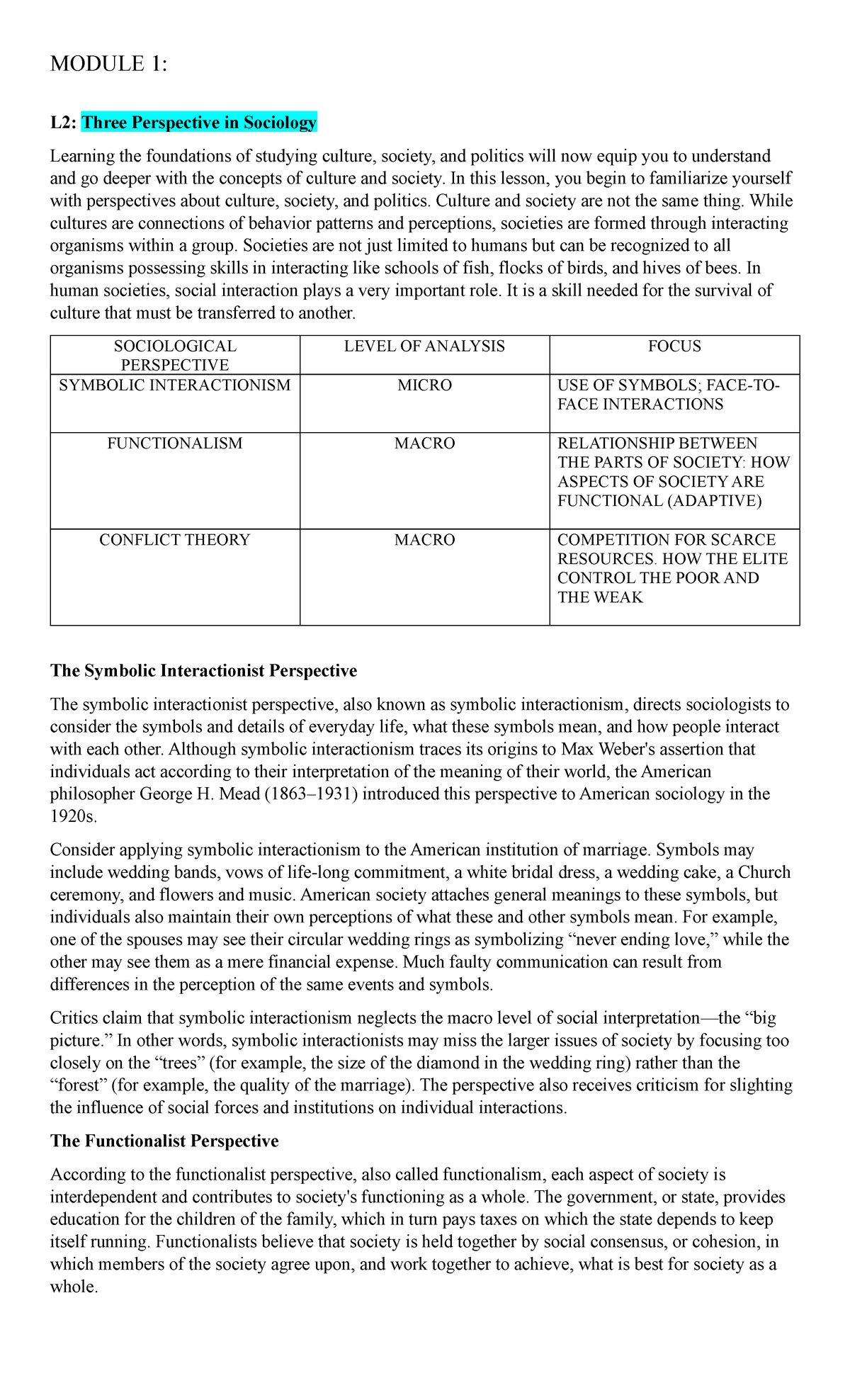 UCSP Reviewer - MODULE 1: L2: Three Perspective in Sociology Learning ...