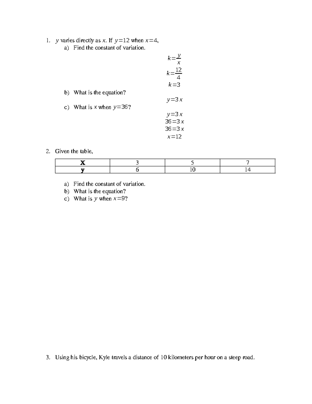 Grade 9 Assignment (Direct Variation) - Trigonometry - y varies ...