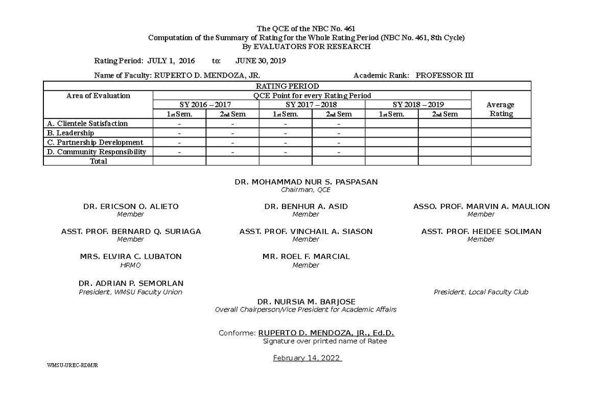 Top Sheet No.3 Evaluators for Research (Landscape) - The QCE of the NBC ...