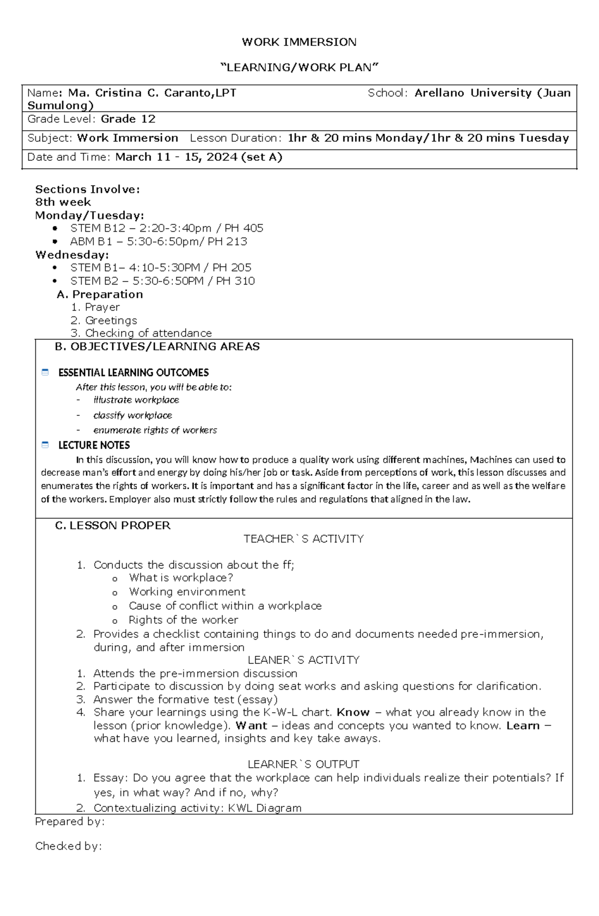 Workplan WEEK-8 - Work plan - WORK IMMERSION “LEARNING/WORK PLAN” Name ...
