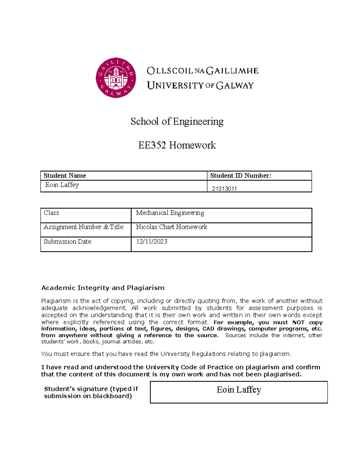 ME301 Lab report coverpage - School of Engineering EE352 Homework ...