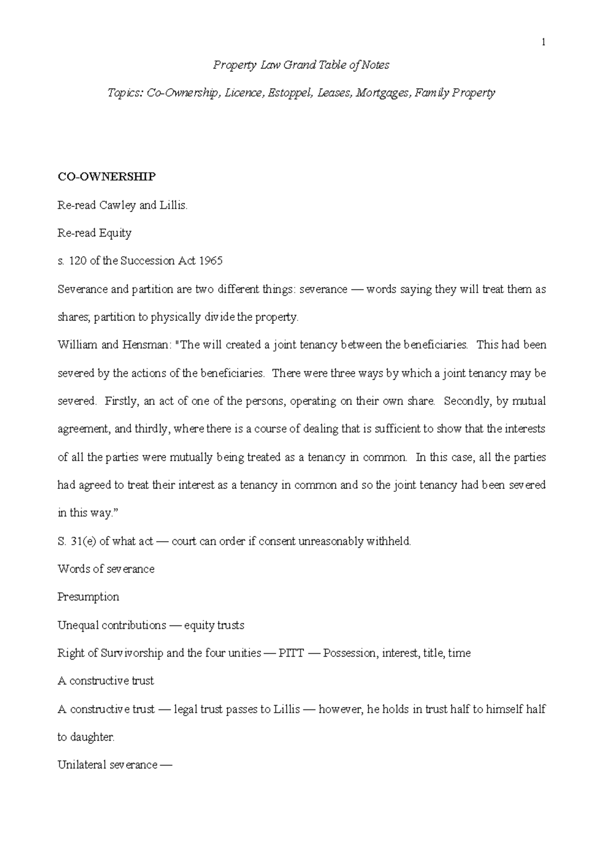 Property Law - Table of Notes - Property Law Grand Table of Notes ...