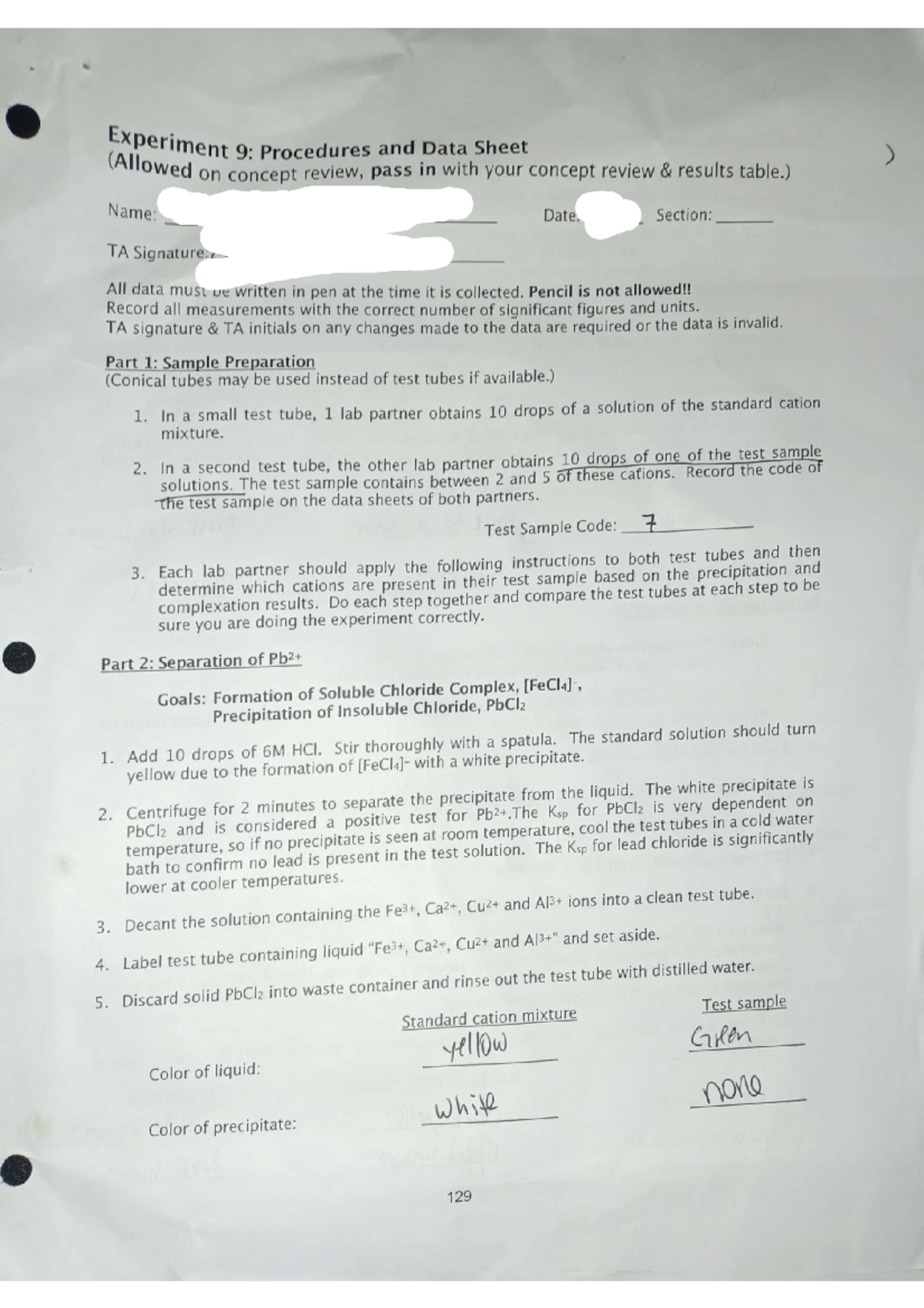 Chm 114 lab 9 procedures and data sheet - Experiment 9: Procedures and Data Sheet (Allowed on ...