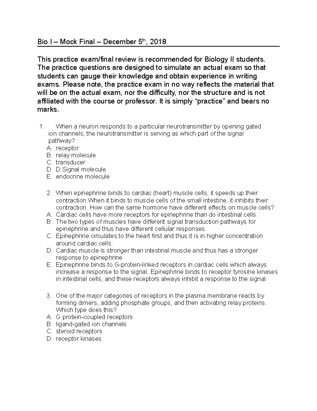 Final Mock Exam - Bio I – Mock Final – December 5th, 2018 This practice ...