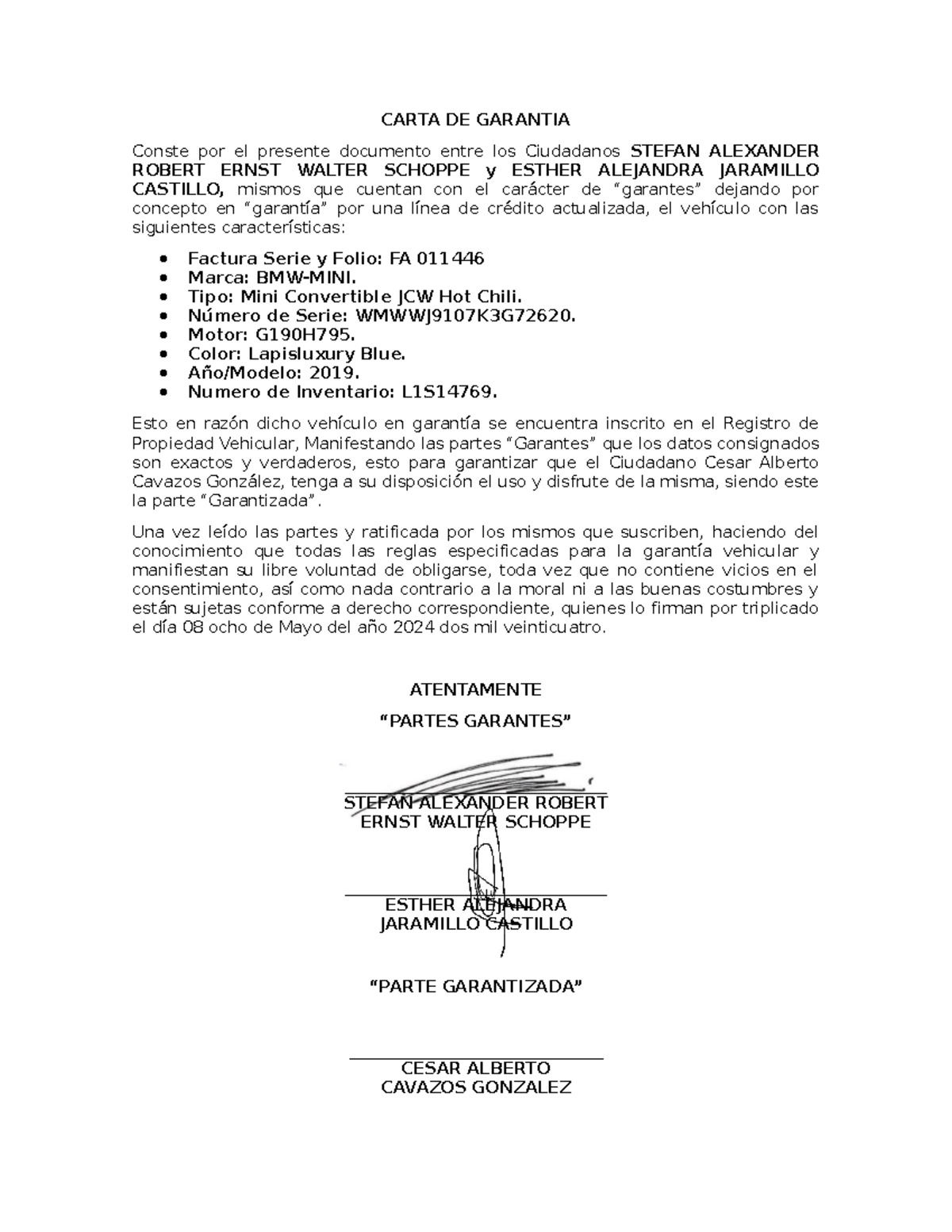 Carta DE Garantia MINI - EN EL PRESENTE DOCUMENTO VEREMOS LA SECION DE DERECHOS DE UN BIEN - Studocu