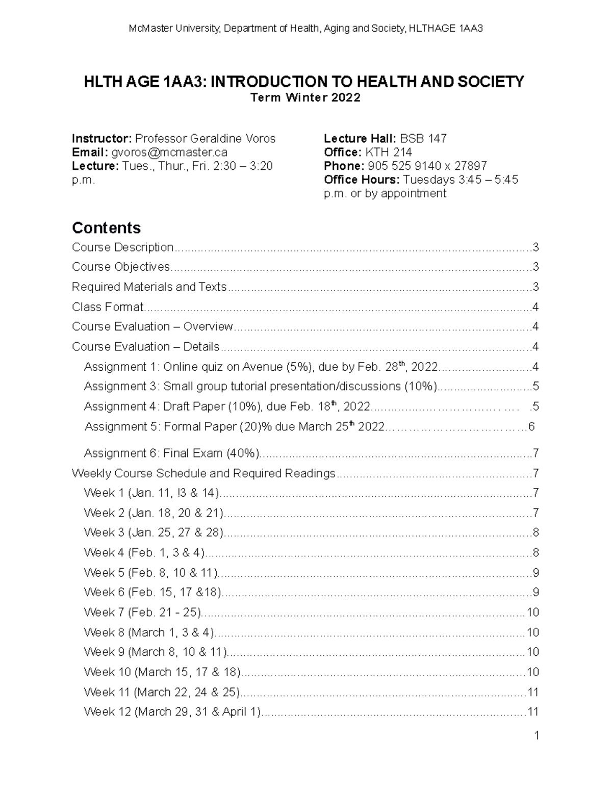 1AA3 Course Outline Winter 202251 - HLTH AGE 1AA3: INTRODUCTION TO ...