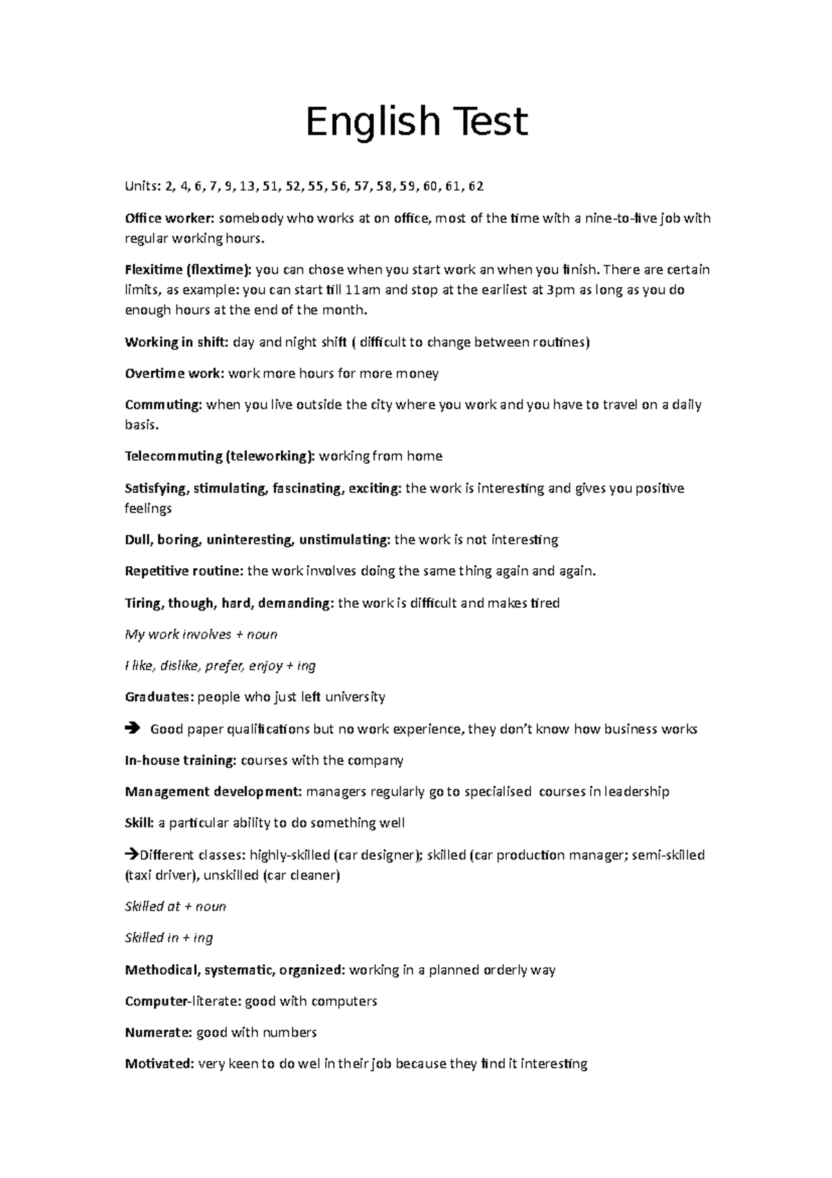 TEST English - English Test Units: 2, 4, 6, 7, 9, 13, 51, 52, 55, 56 ...