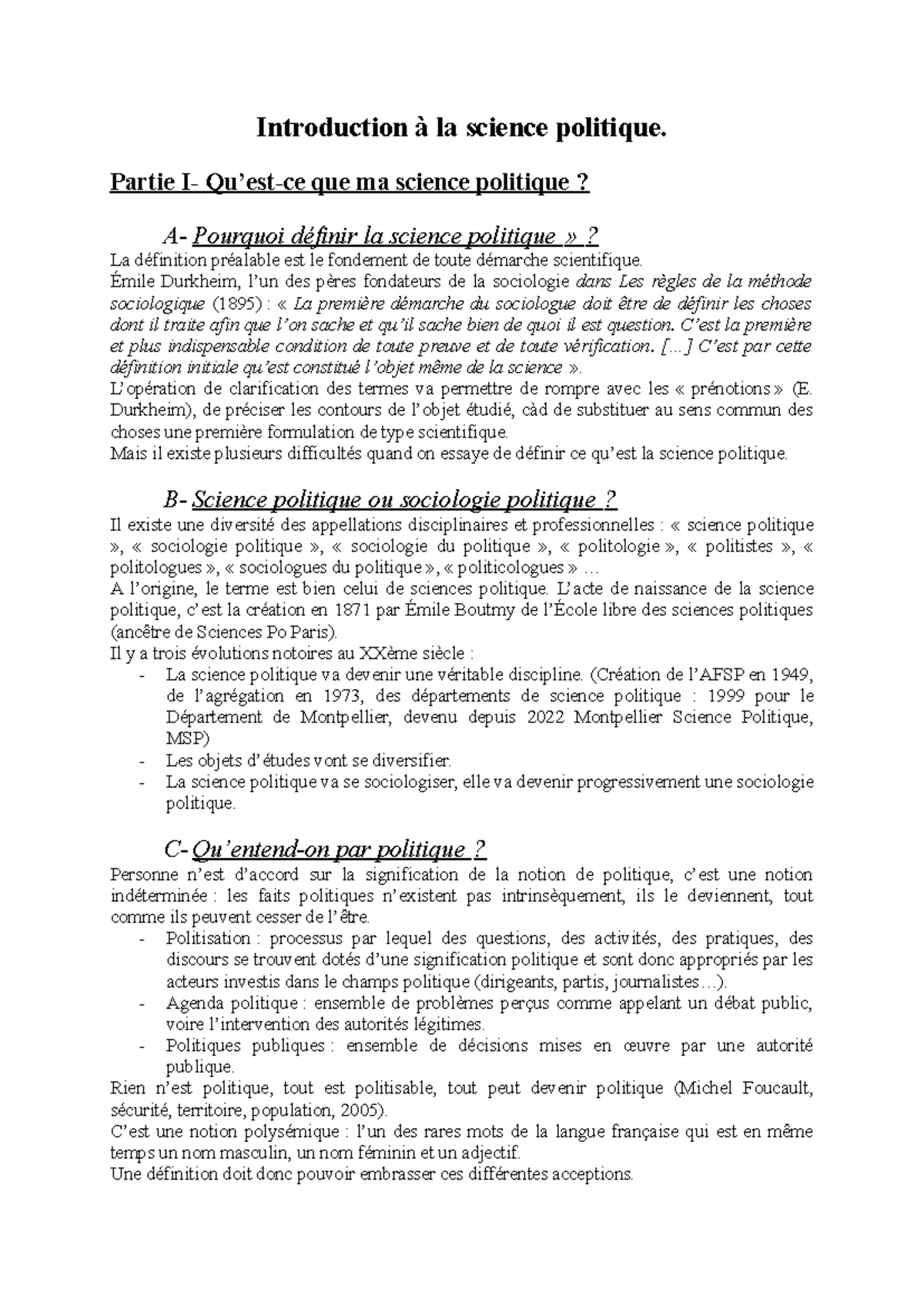 Cours - Introduction à la science politique. Partie I- Qu’est-ce que ma ...