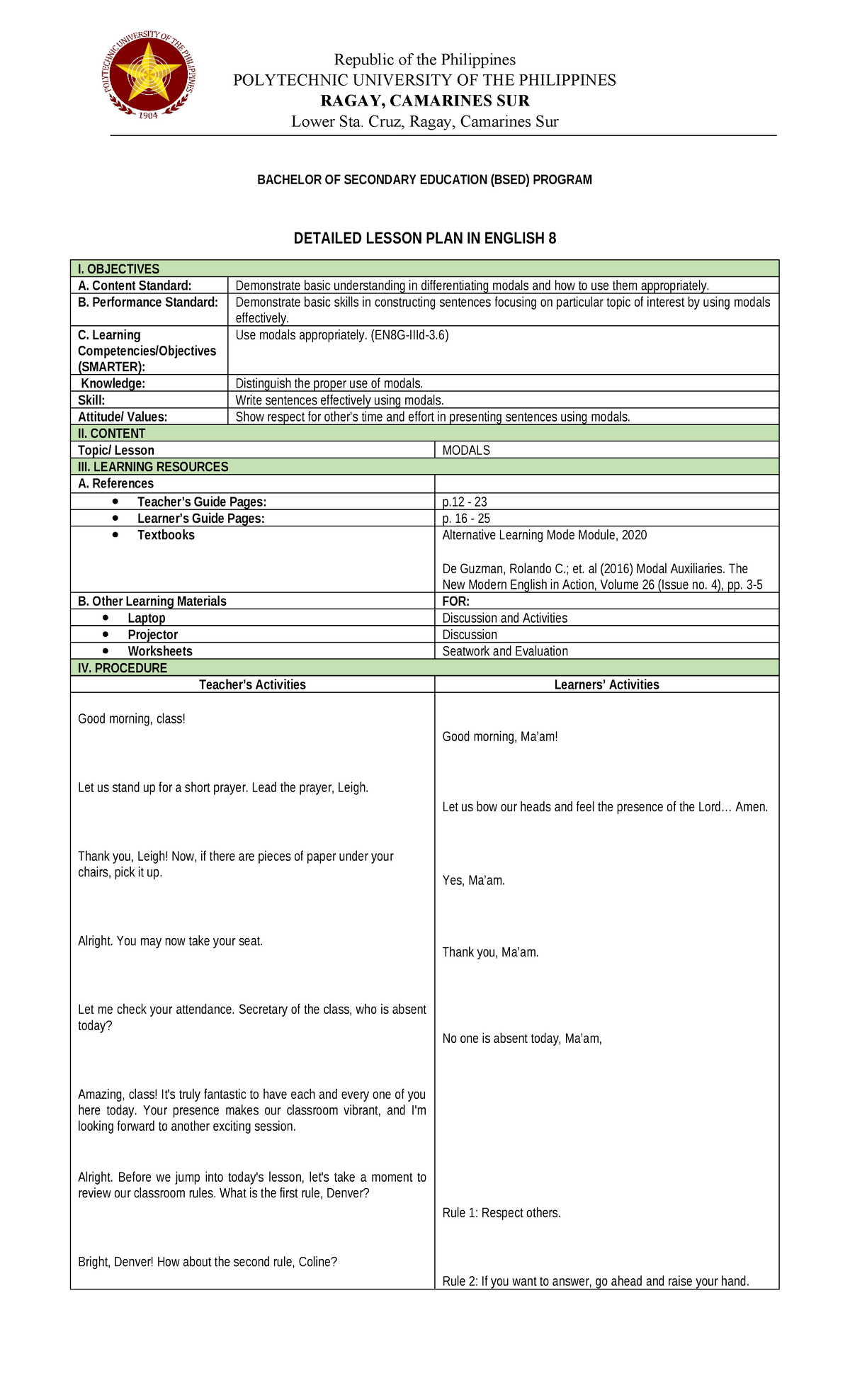 Lesson Plan for Modals (A Detailed Lesson Plan for Practice Teaching ...