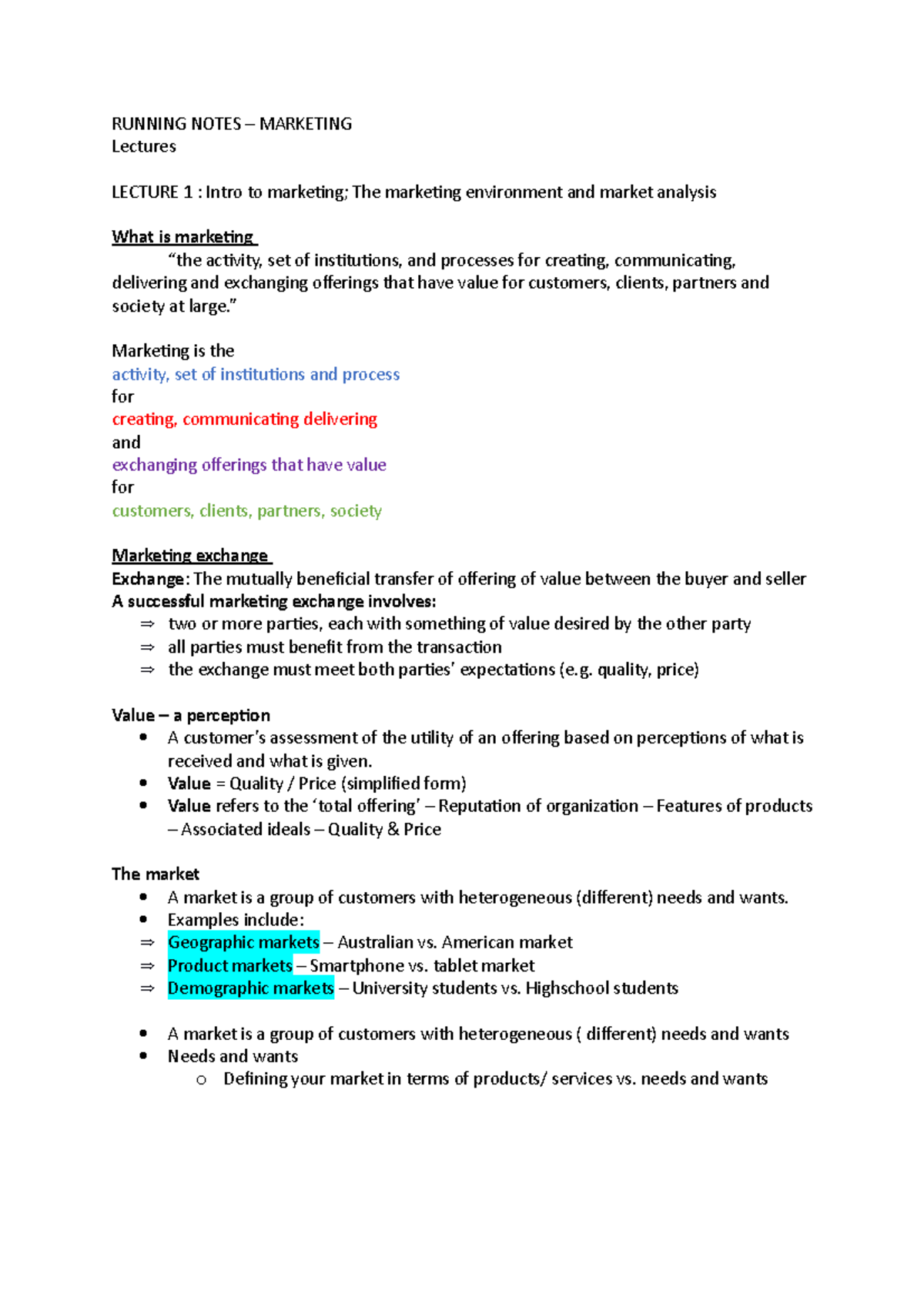 Running Notes- marketing - RUNNING NOTES – MARKETING Lectures LECTURE 1 ...