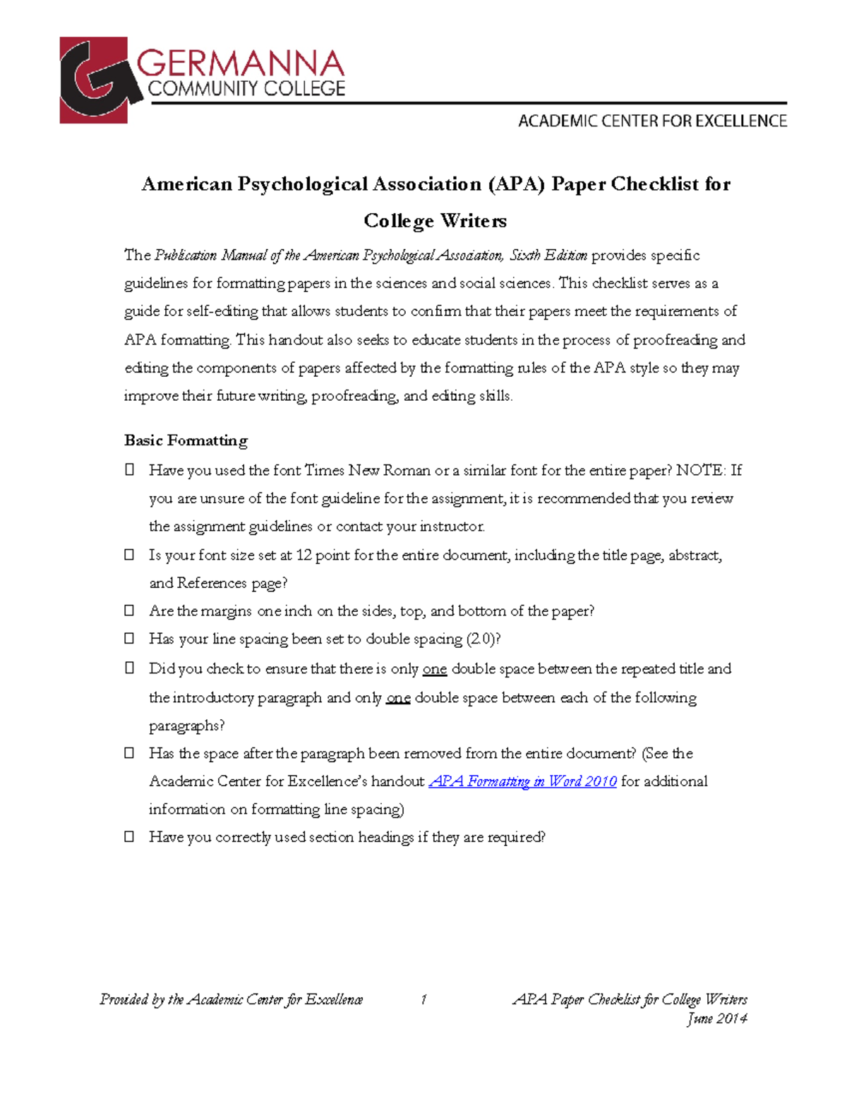 APA Paper Checklist for College Writers - Provided by the Academic ...