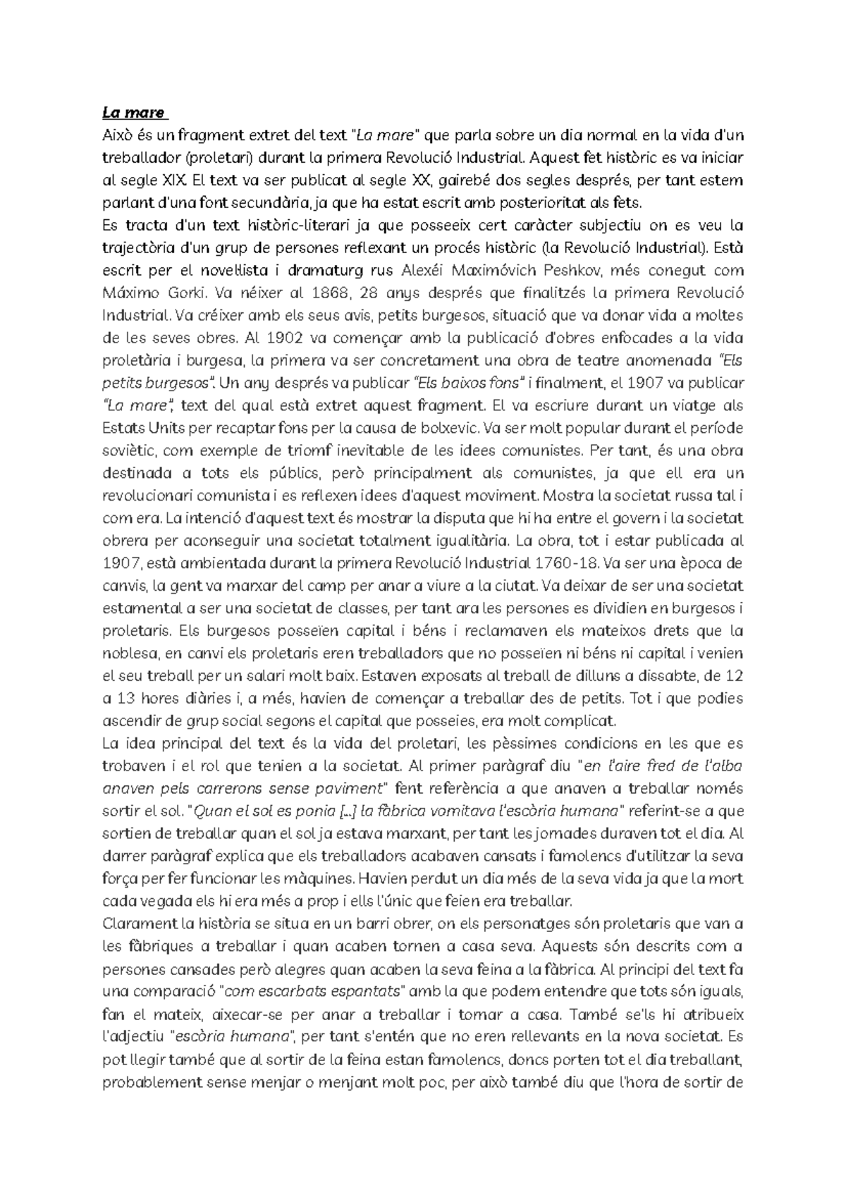 Comentari de text "La mare" - La mare Això és un fragment extret del ...