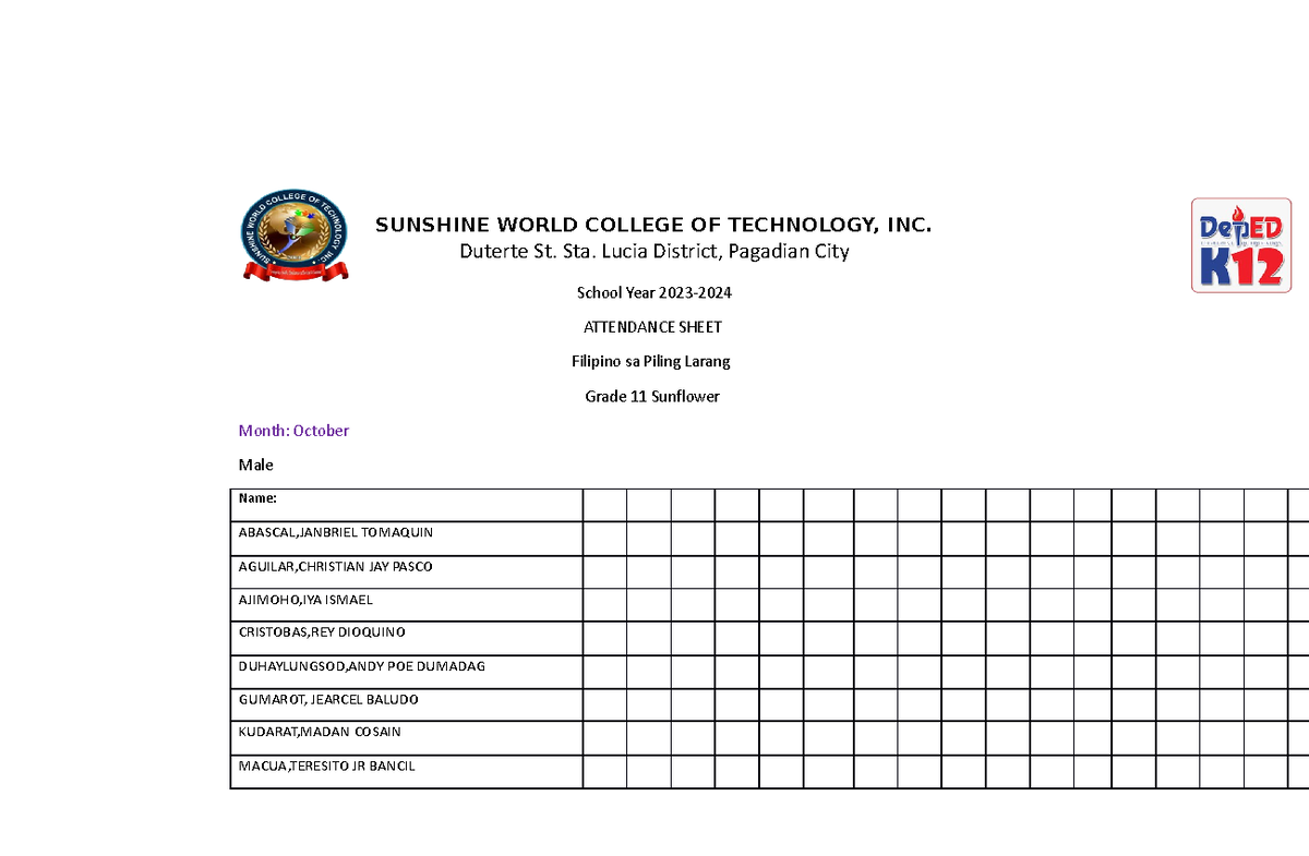 Attendance and Class Record Sheet g12G110 - SUNSHINE WORLD COLLEGE OF ...