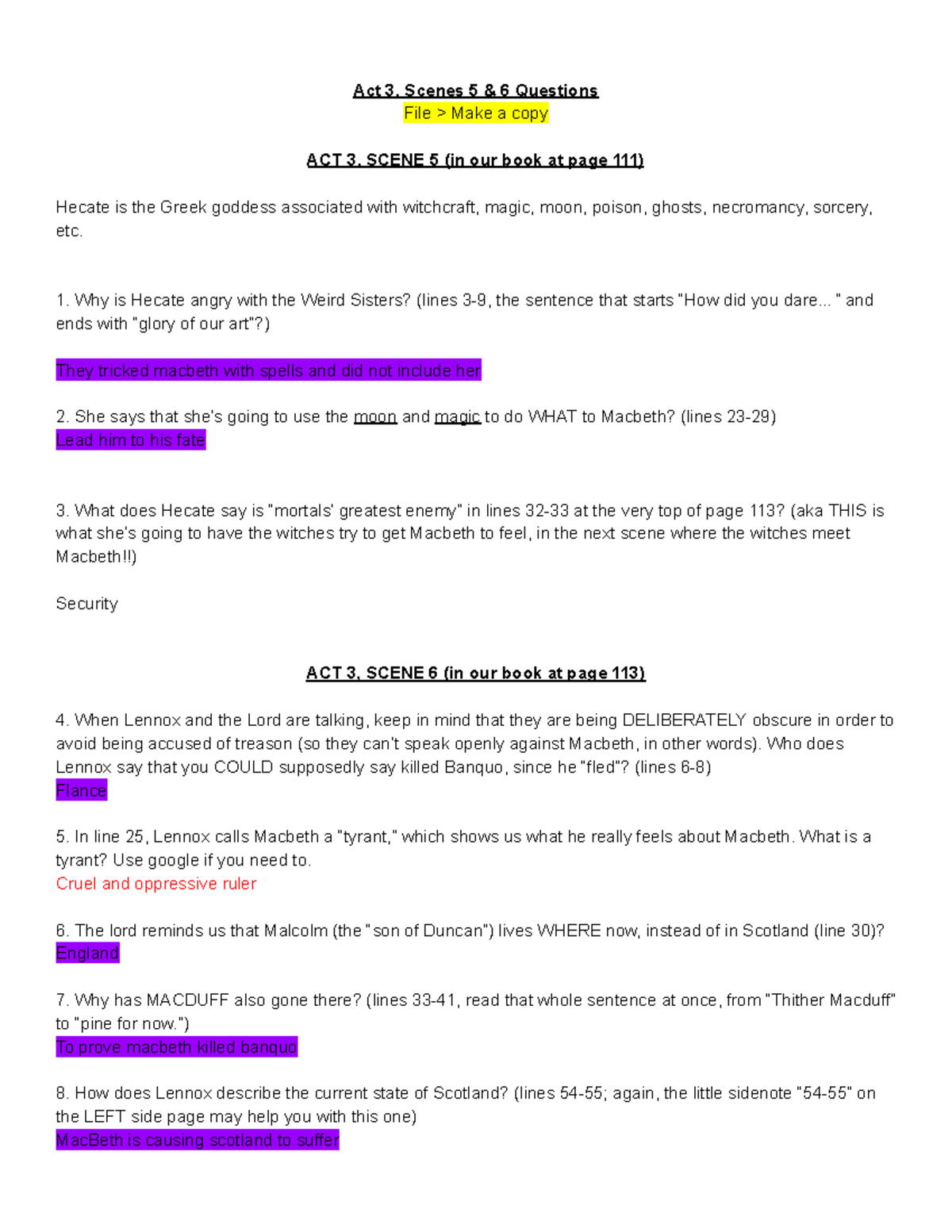 Copy of Macbeth 3.5 and 3.6 Questions - Act 3, Scenes 5 & 6 Questions ...