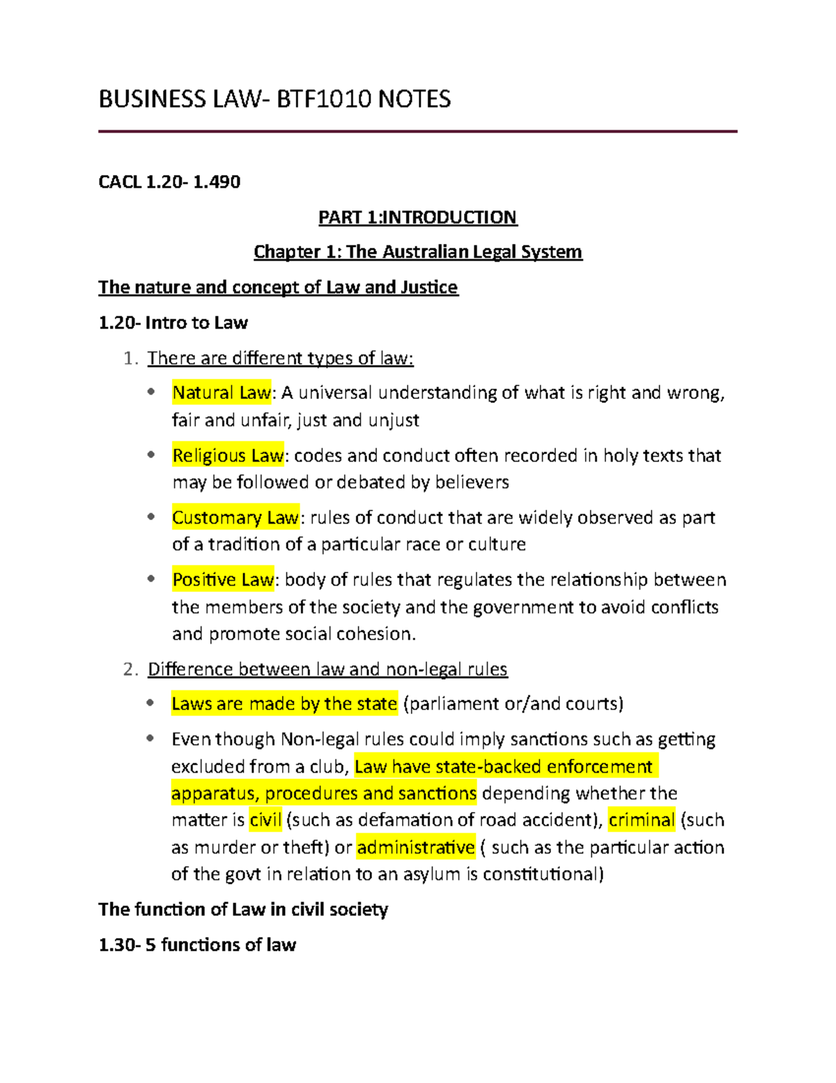 Business law notes - BUSINESS LAW- BTF1010 NOTES CACL 1- 1. PART 1 ...