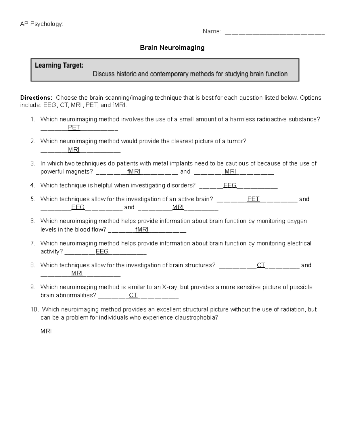 Neuroimaging Practice - AP Psychology: Name ...
