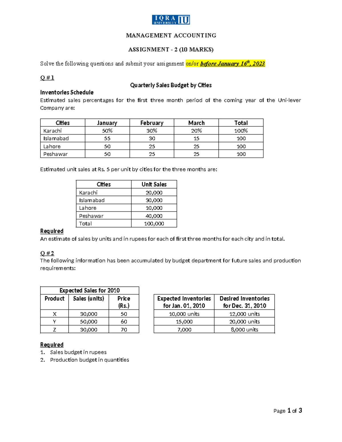 MA - Assignment-2 - MANAGEMENT ACCOUNTING ASSIGNMENT - 2 (10 MARKS ...