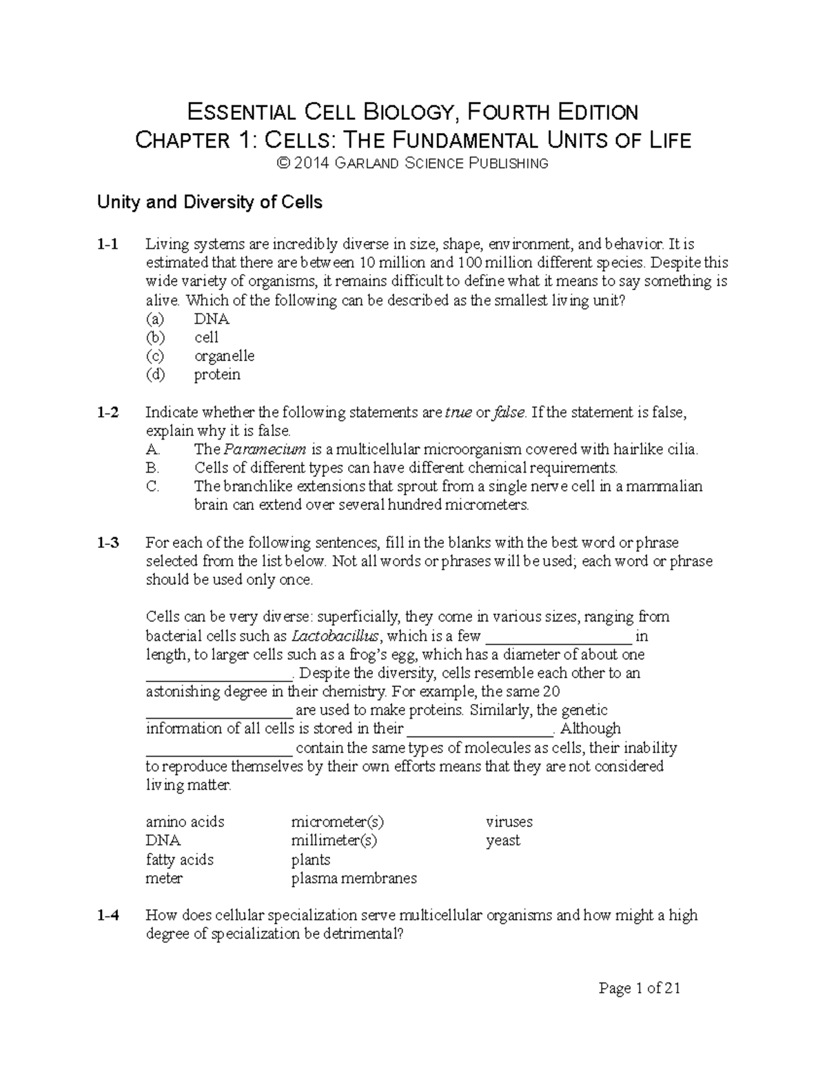 ECB4 Question Bank Ch01 - ESSENTIAL CELL BIOLOGY, FOURTH EDITION ...
