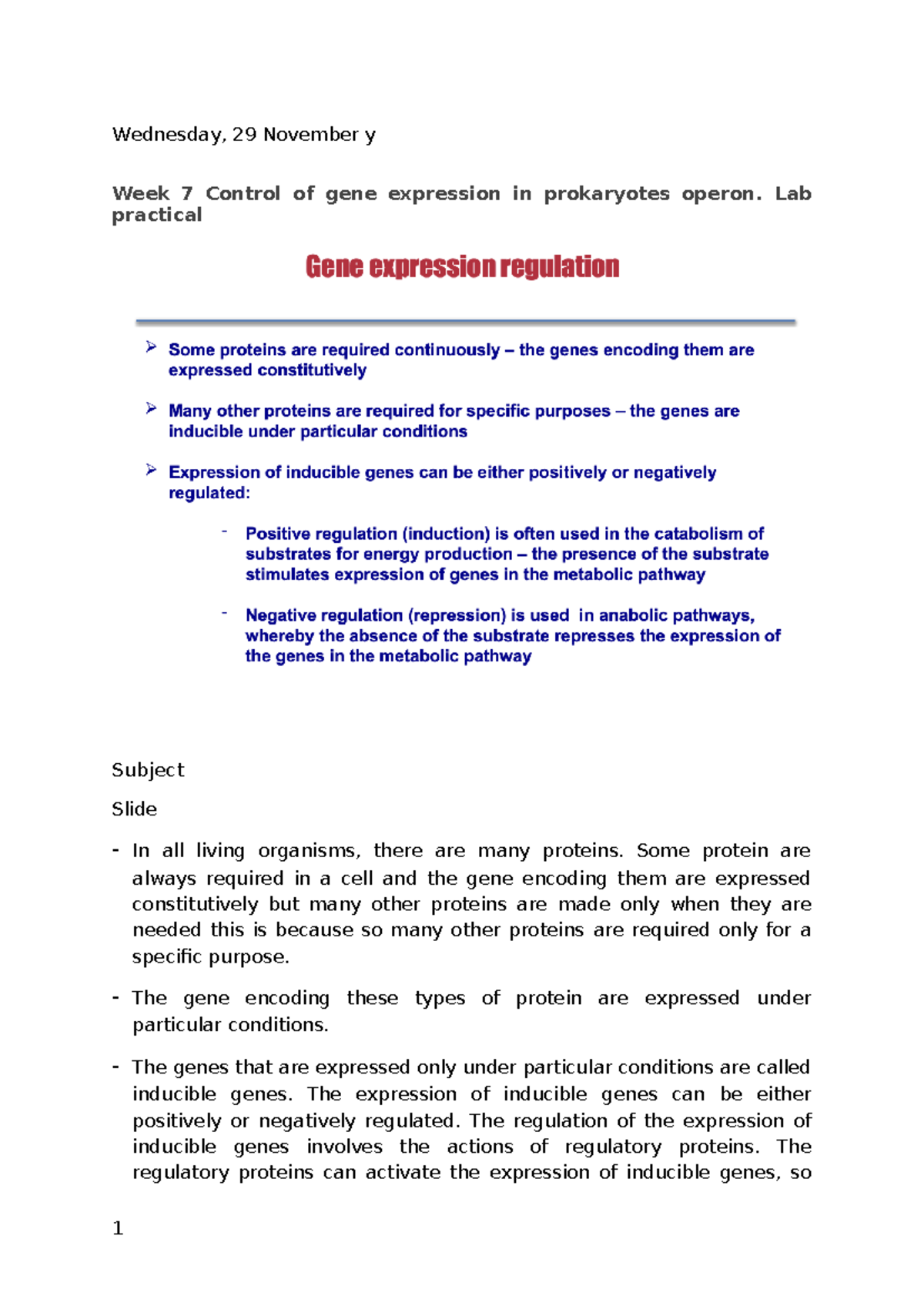 Week 7 - xcxcxcx - Wednesday, 29 November y Week 7 Control of gene ...