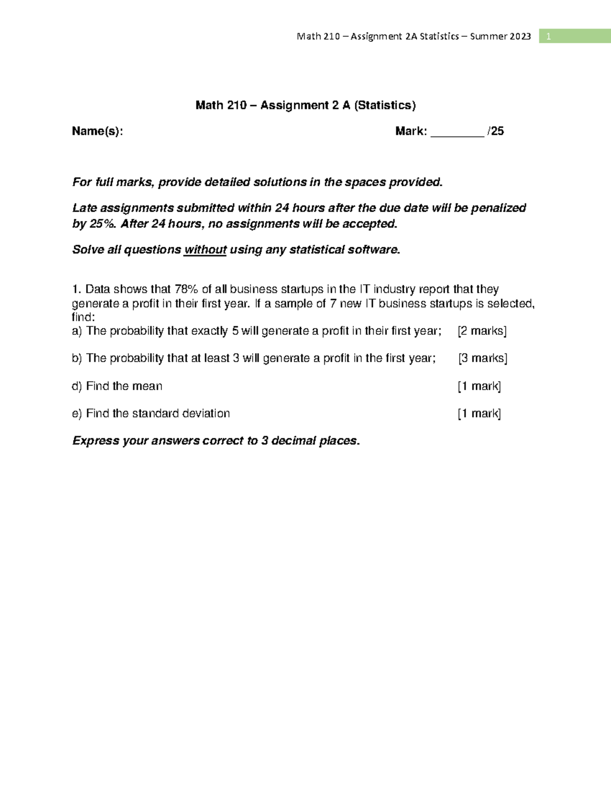 Math 210 - Assignment 2A - Statistics - Summer 2023 - Math 210 ...