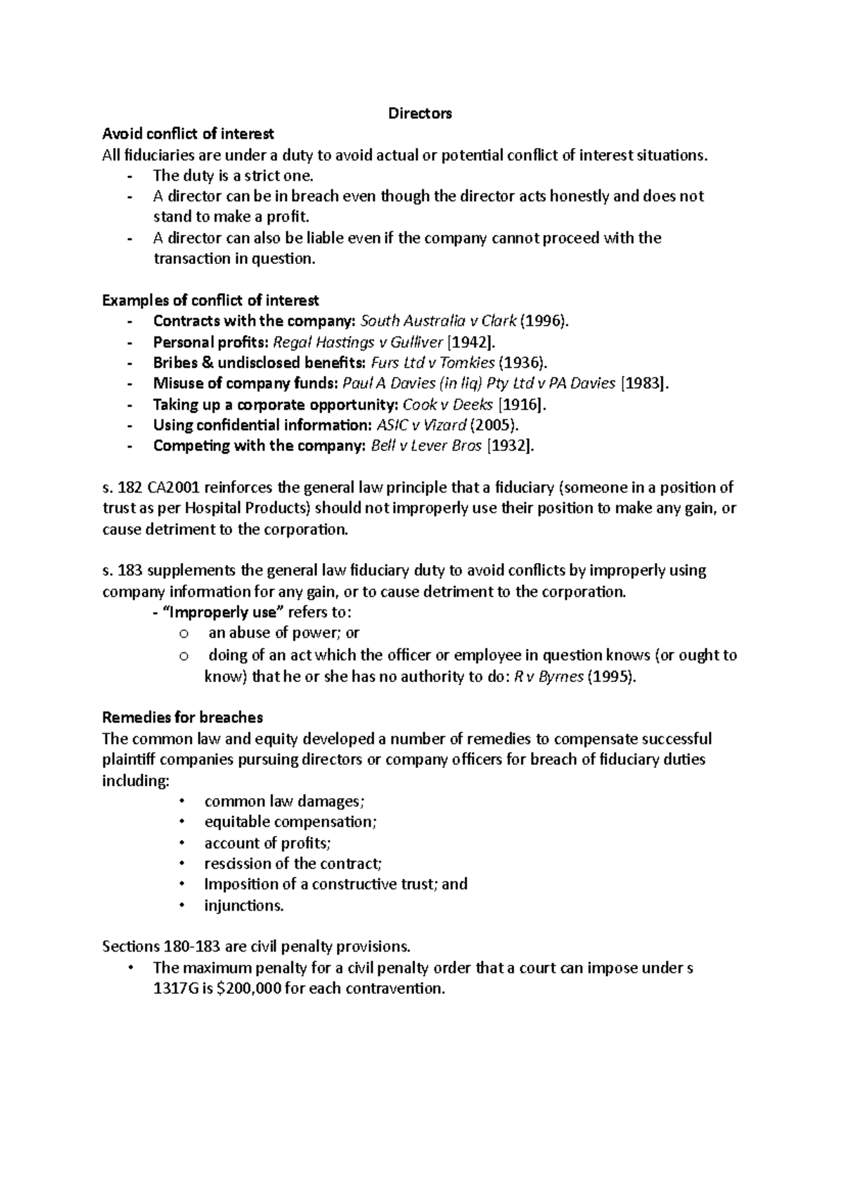 Directors 2 - Lecture Notes - Directors Avoid conflict of interest All ...
