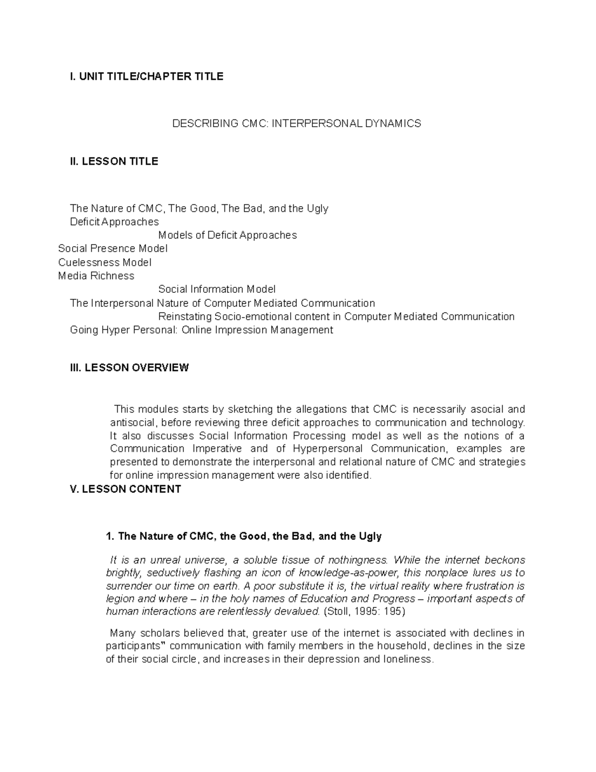 Computer Mediated Communication 4 - I. UNIT TITLE/CHAPTER TITLE ...