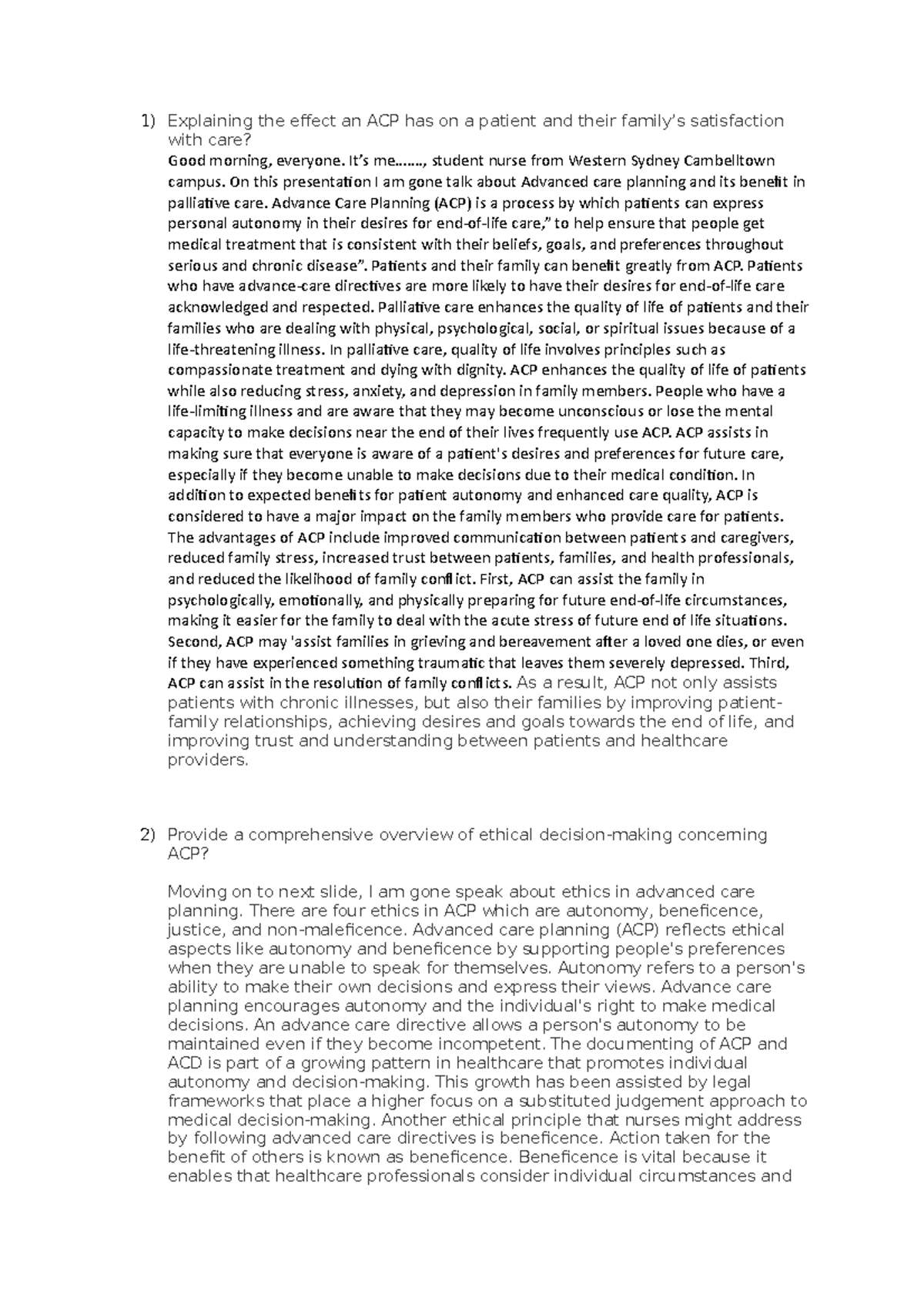 HV5 script - Explaining the effect an ACP has on a patient and their ...