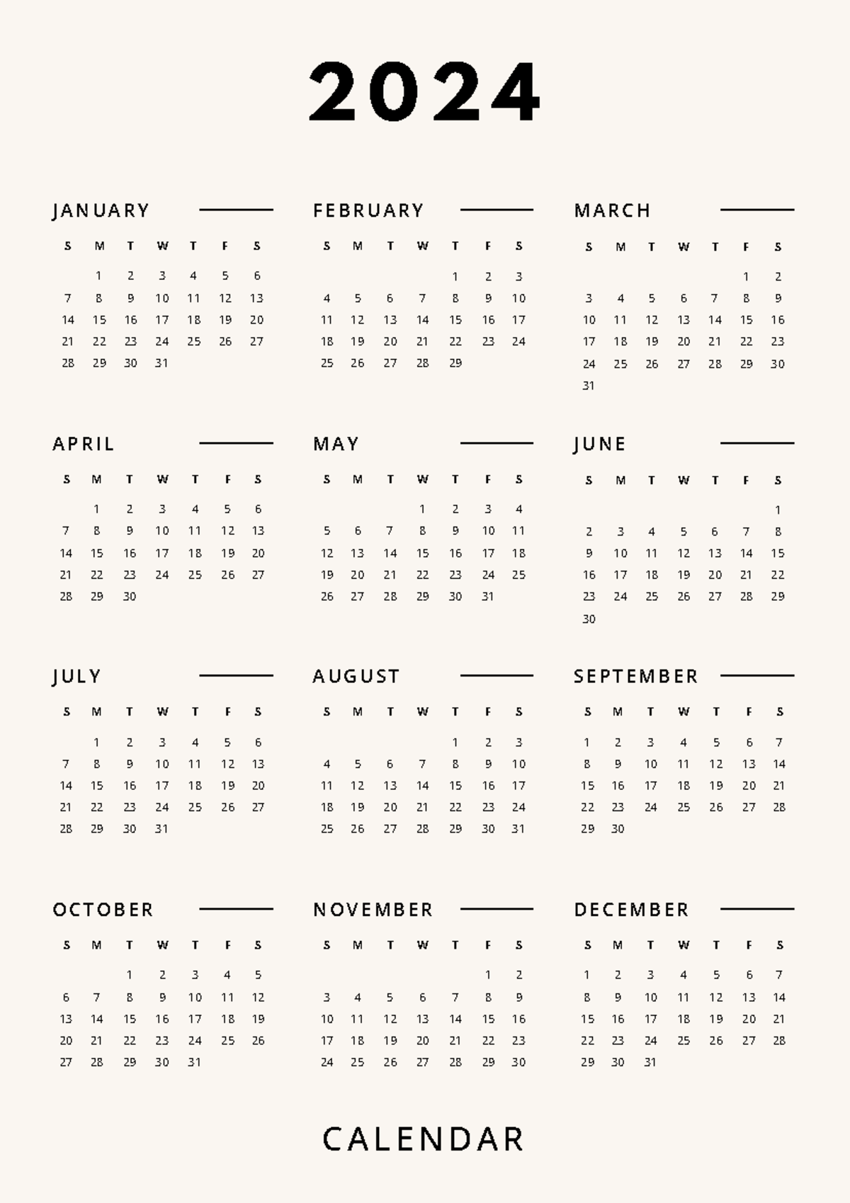 Beige Minimalist 2024 Calendar Planner - S M T W T F S 1 2 3 4 5 6 7 8 ...
