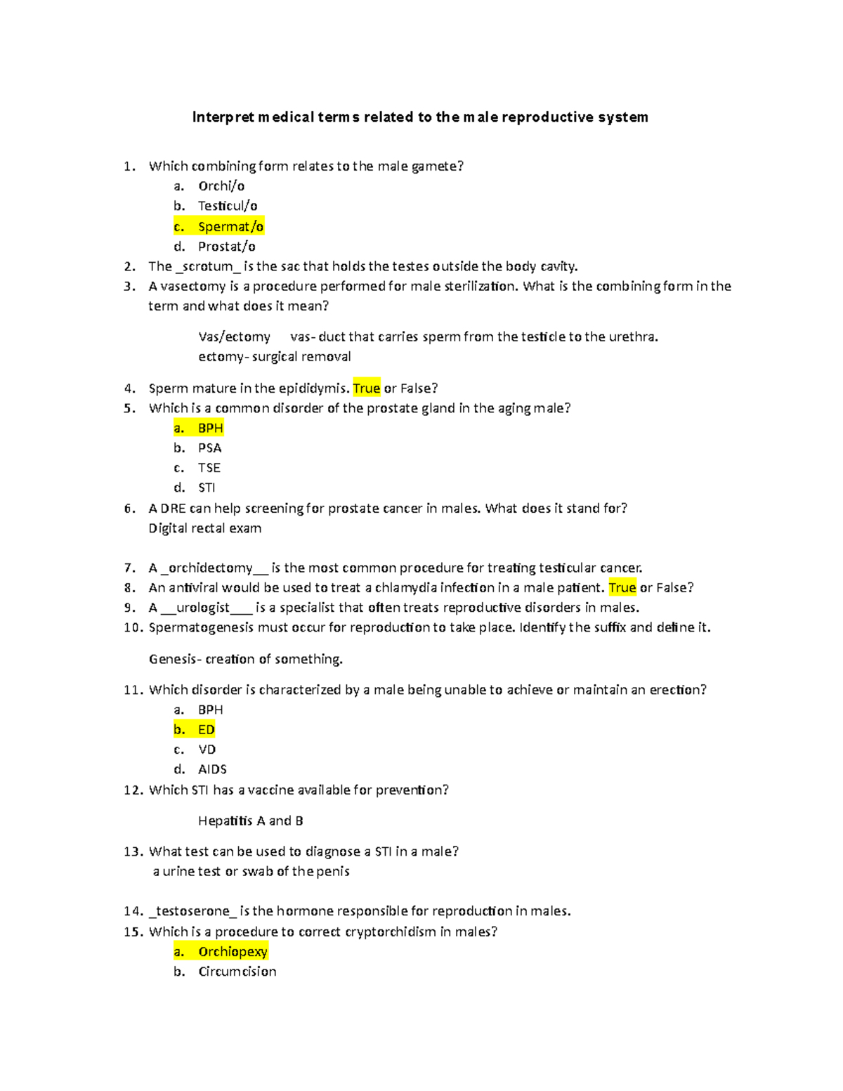 Male Reproductive Worksheet done - Interpret medical terms related to ...