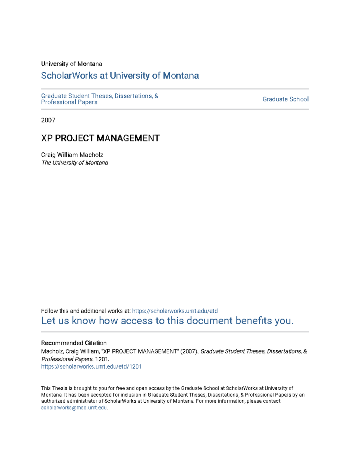 XP Project Management - University of MontanaUniversity of Montana ...