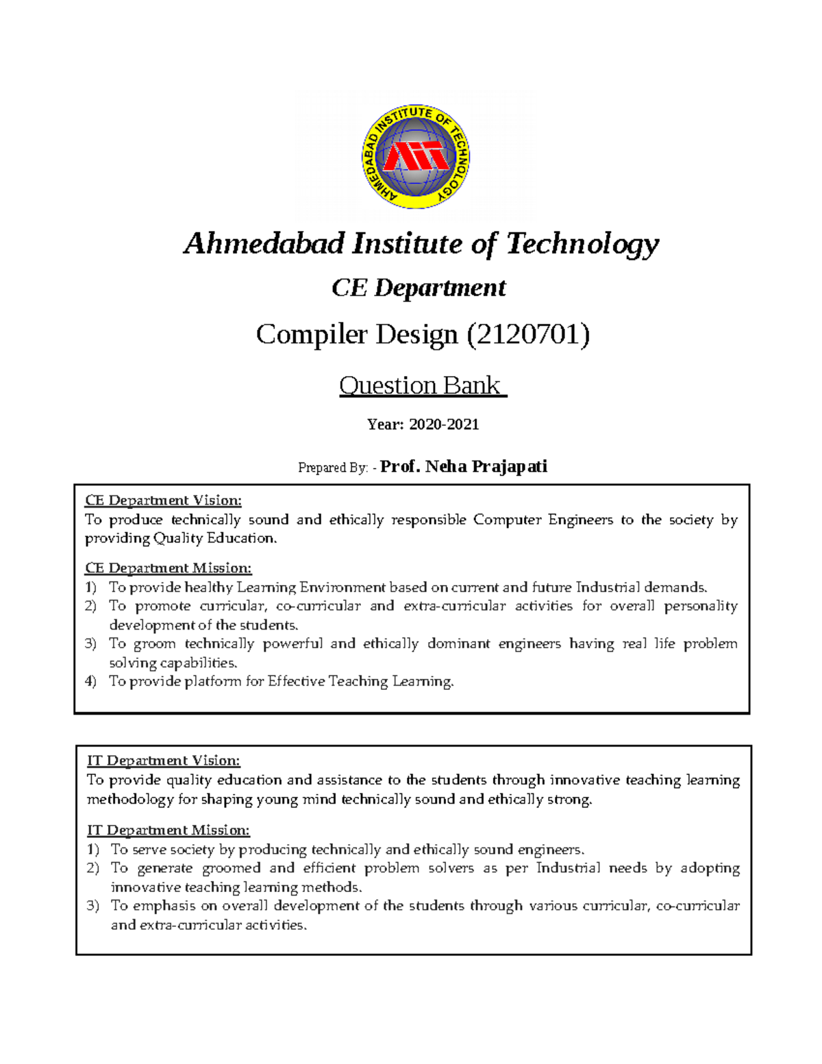 Compiler Design Ahmedabad Institute Of Technology Ce Department Compiler Design 2120701 