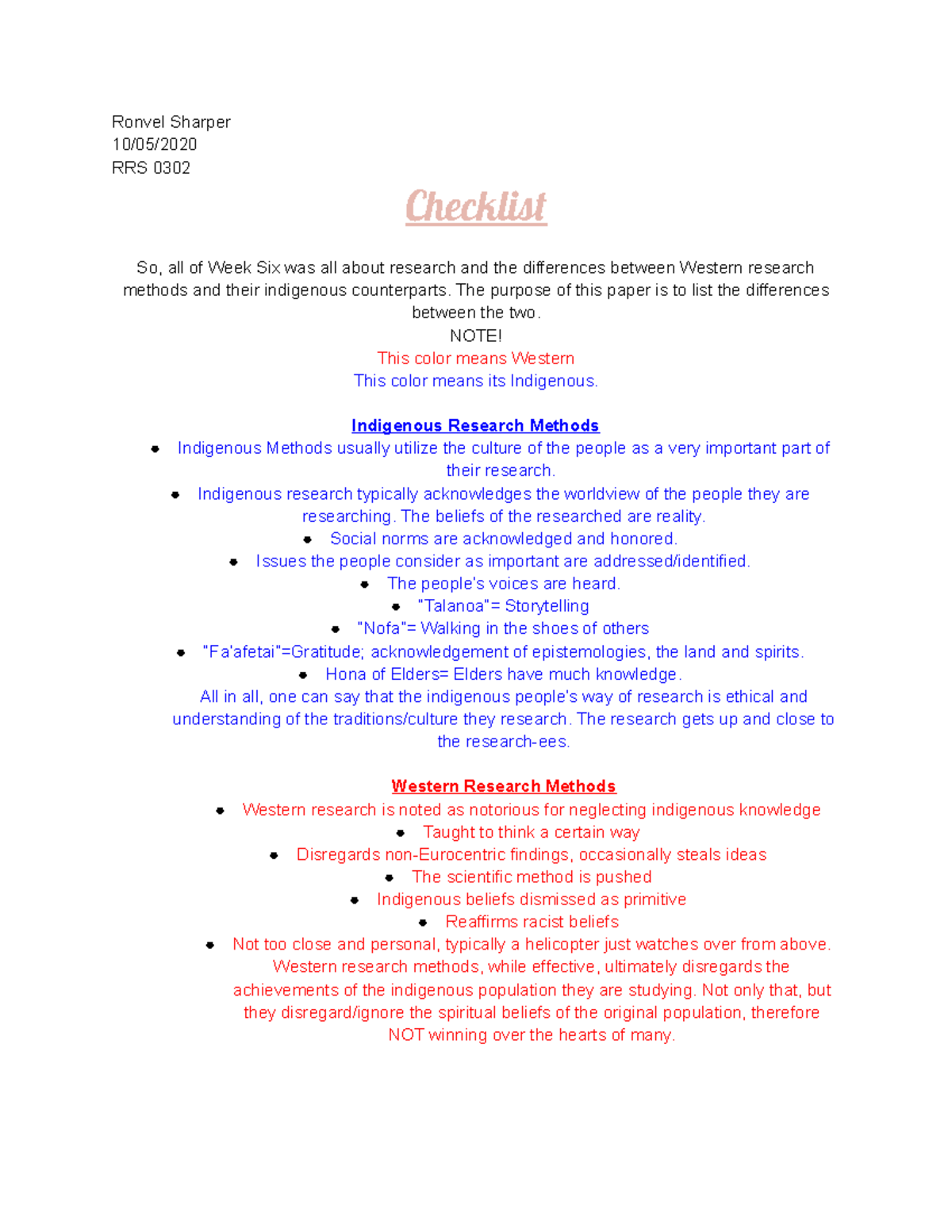 Indigenous Checklist - Ronvel Sharper 10/05/ RRS 0302 Checklist So, all ...