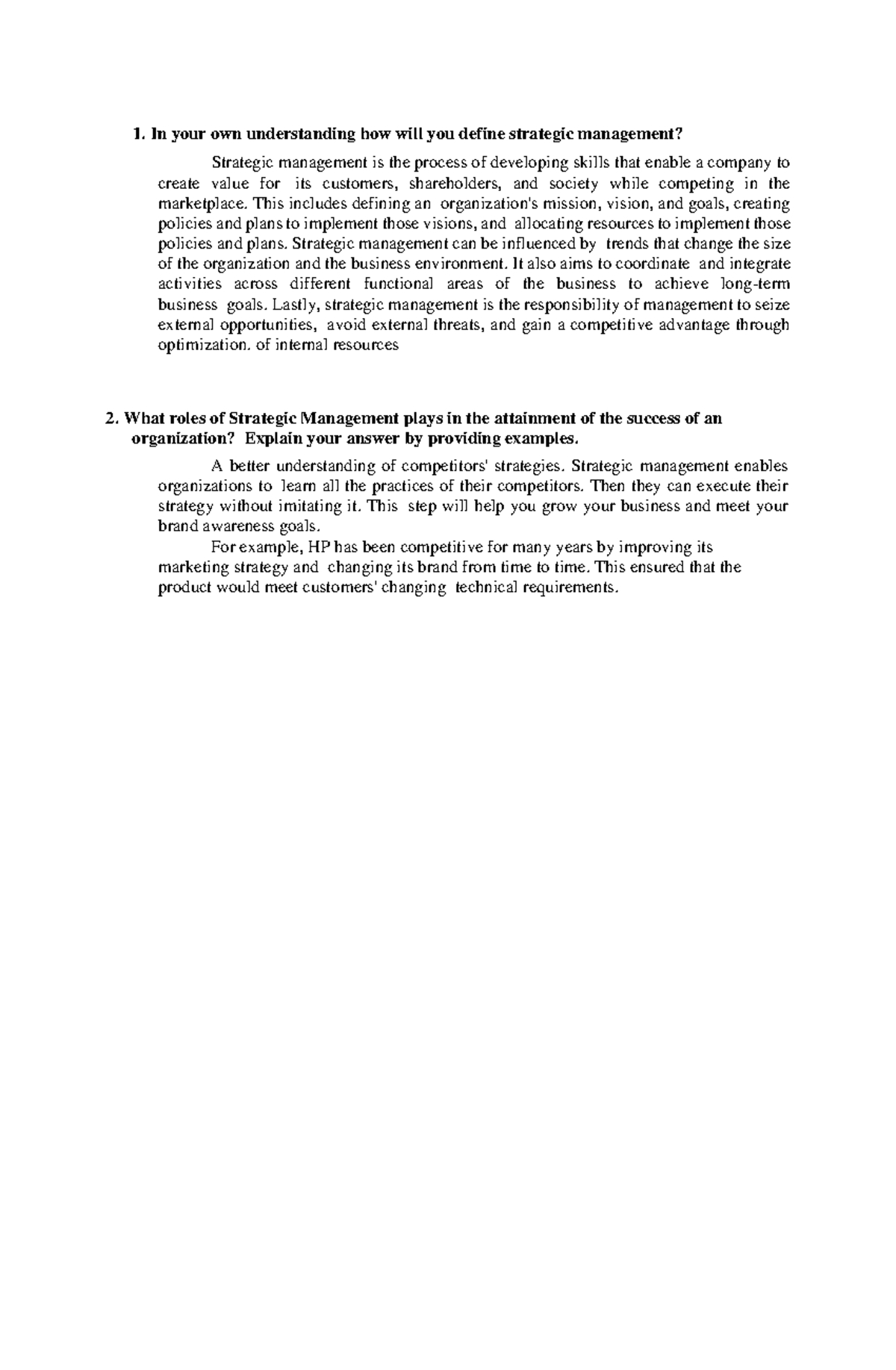 In Your Own Understanding How Will You Define Strategic Management 1