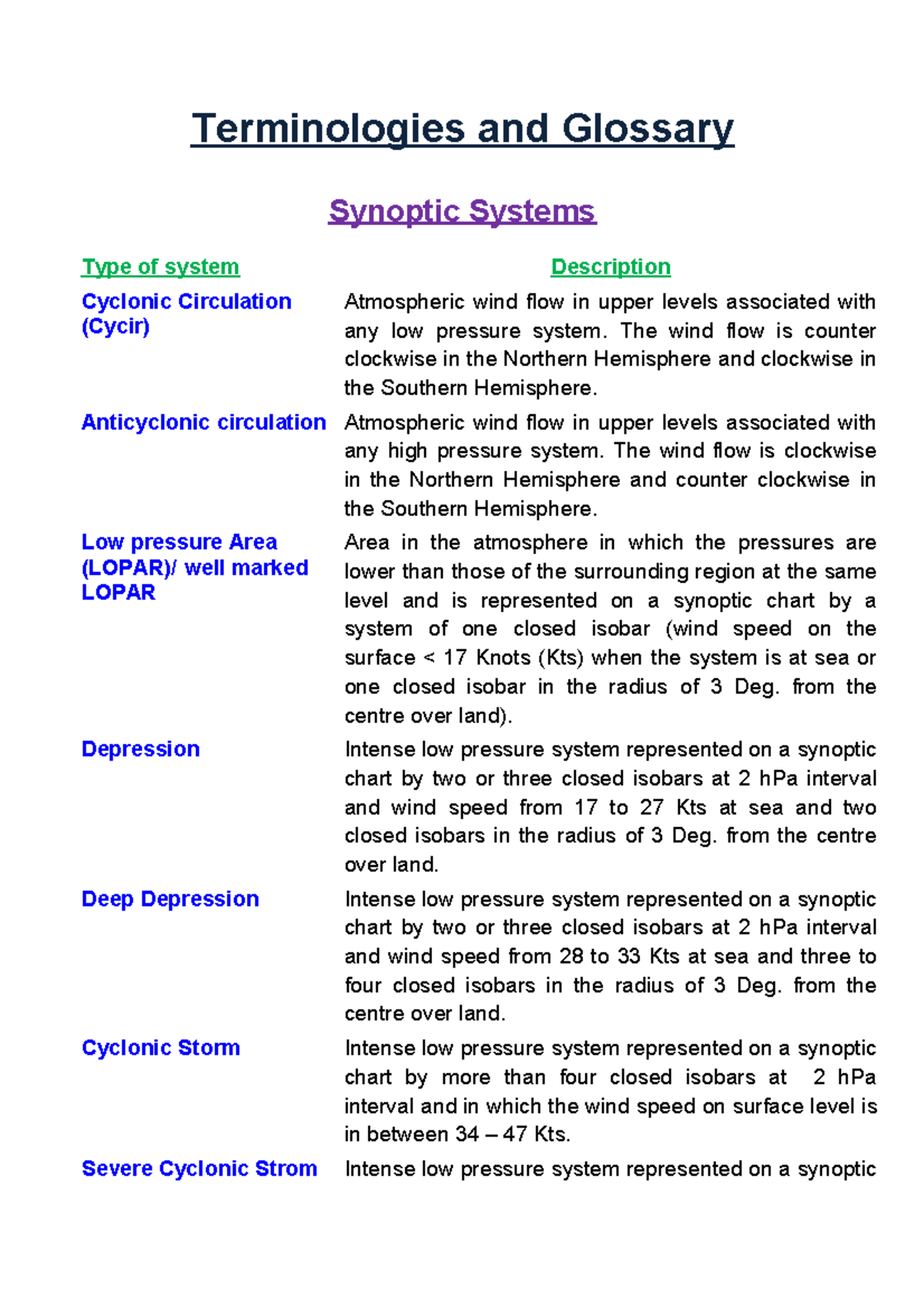 Weather-Glossary - Weather symbols - Terminologies and Glossary Synoptic Systems Type of system ...